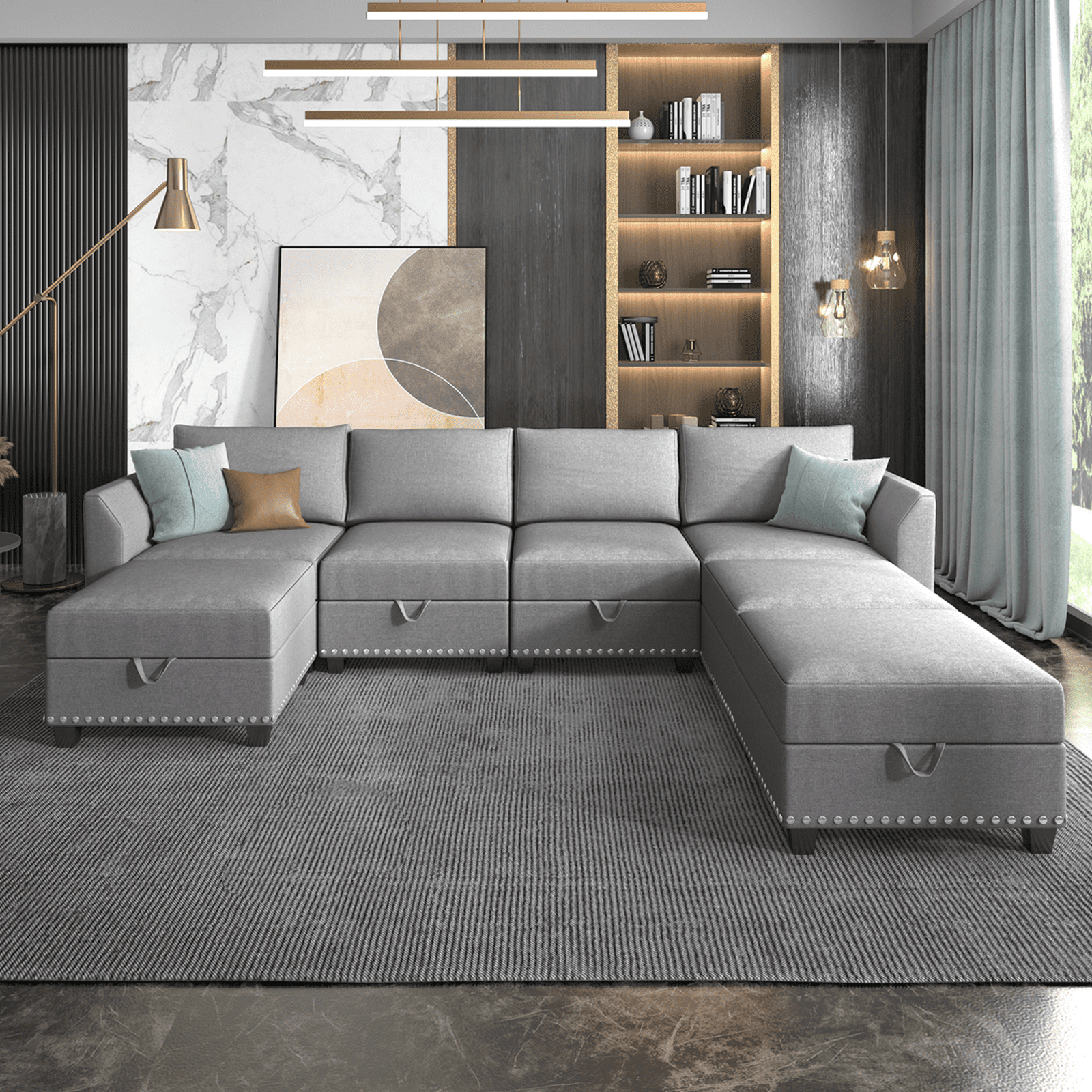 Mjkone 7-Seater U-Shaped Sectional Sofa with Storage, Light Grey ...