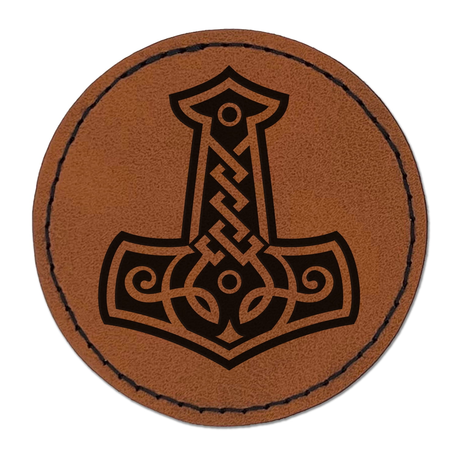 Mjolnir Symbol Norse Viking Hammer of Thor 2.5" Faux Leather Round Engraved Iron-On Patch ...