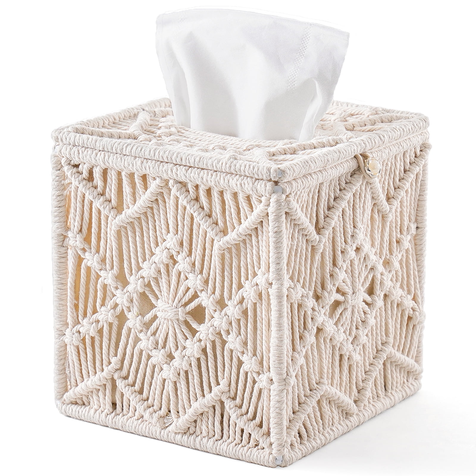 Mkono Boho Decor Metal Cube Woven Tissue Box Cover, Square Paper Holder ...