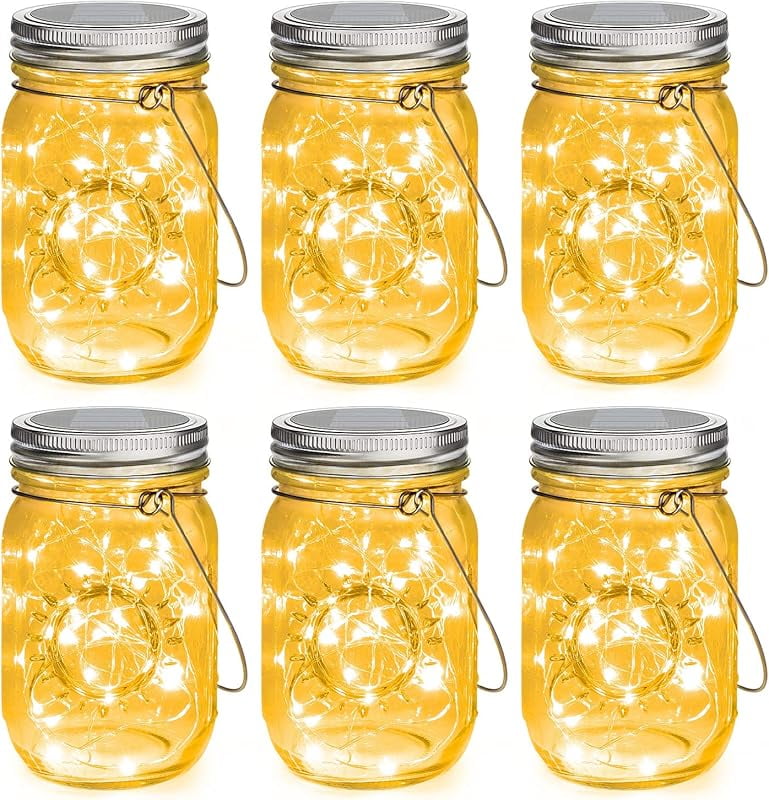 Mlambert Mason Jar Solar Lights -30 LED, 6 Pack Hanging Solar Lanterns ...