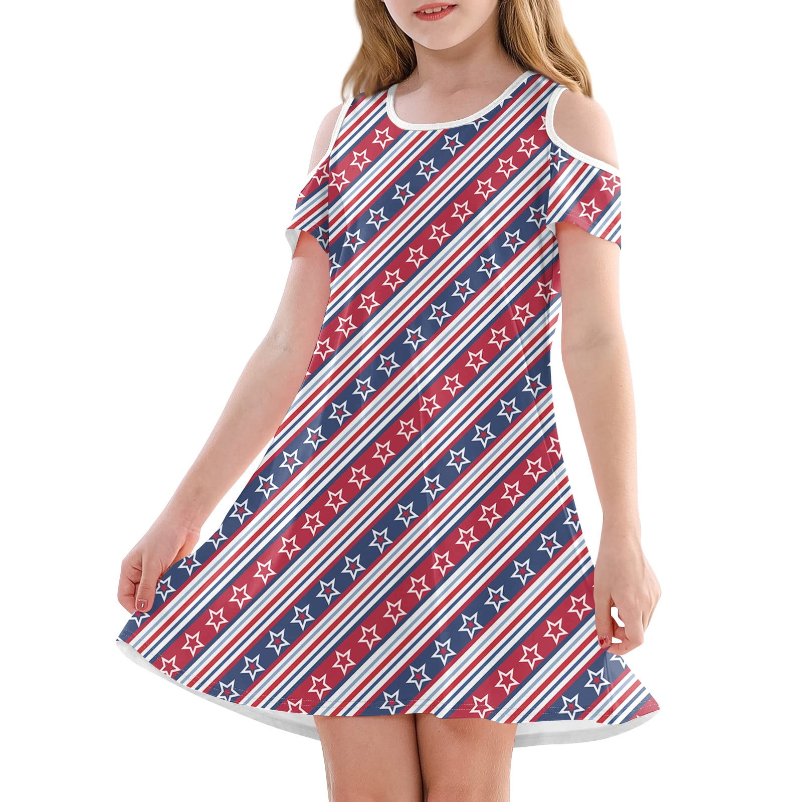 Mlqidk 4th Of July Dresses Girls Short Sleeve Crew Neck a Line Dress ...