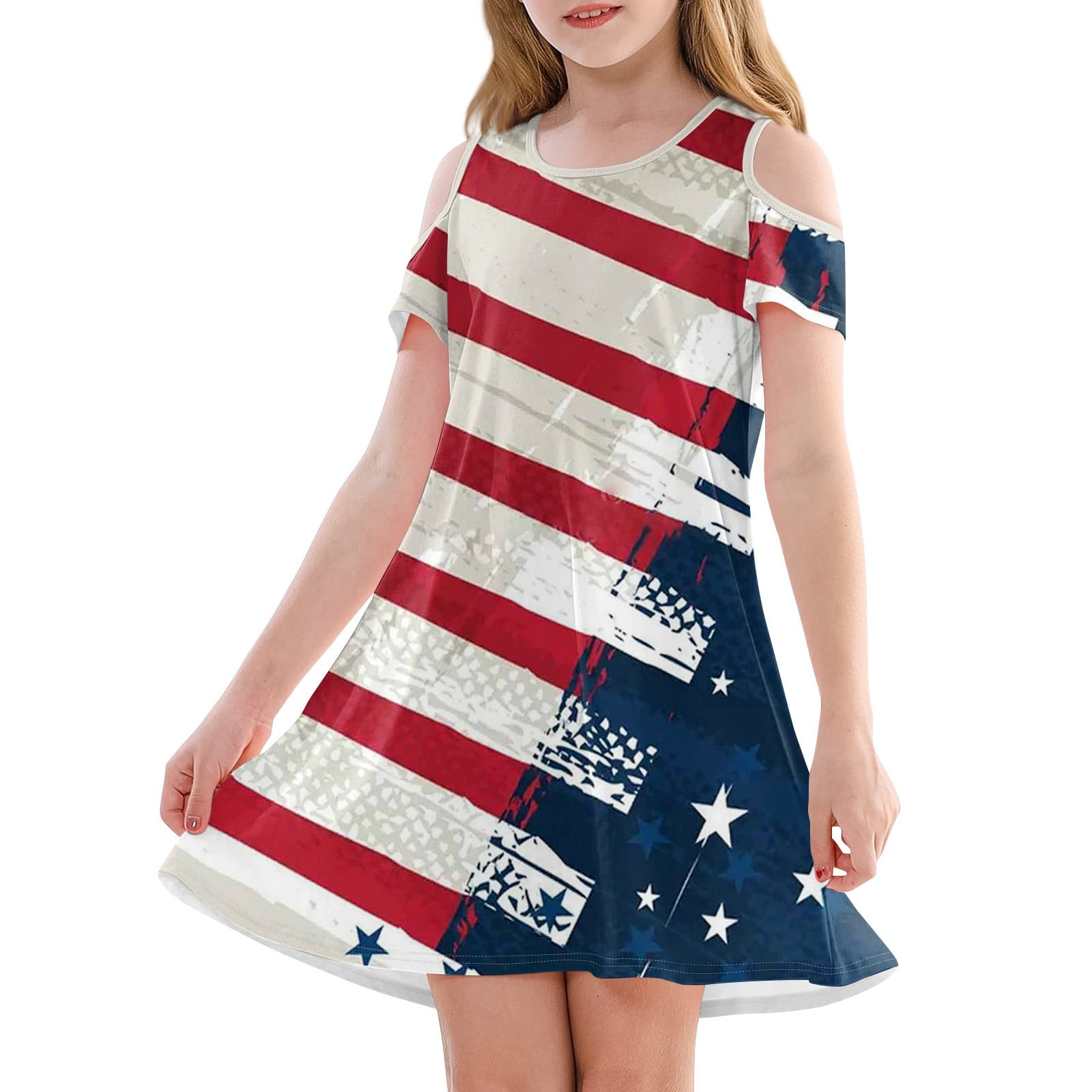 Mlqidk 4th Of July Dresses Girls Short Sleeve Crew Neck a Line Midi ...