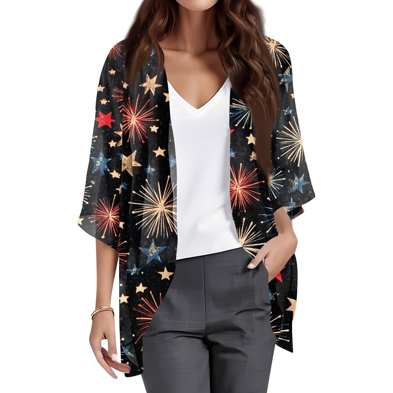 Mlqidk 4th Of July Top for Women Dressy Fourth of July Batwing Sleeves ...