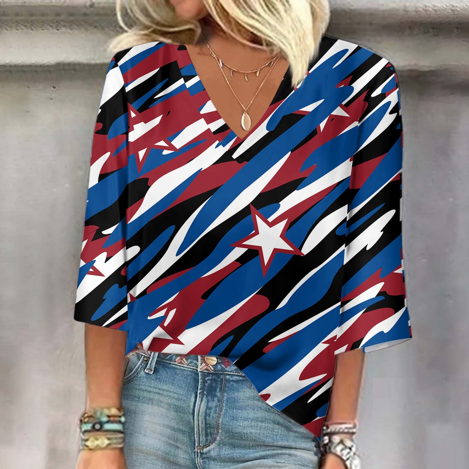Mlqidk 4th Of July Tops For Women Casual 3 4 Sleeve V Neck Tops And