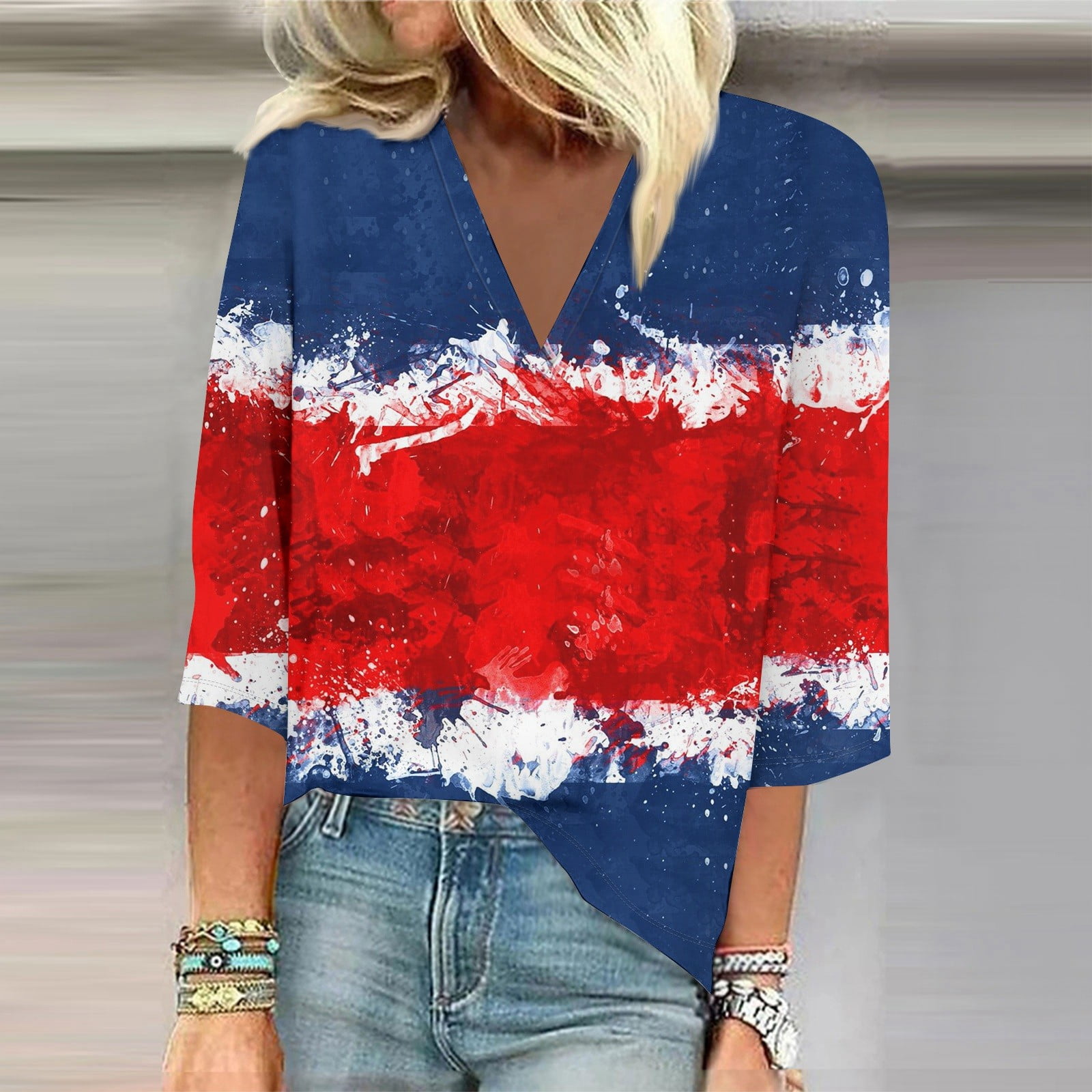 Mlqidk 4th Of July Tops For Women Trendy Casual 3 4 Sleeve V Neck