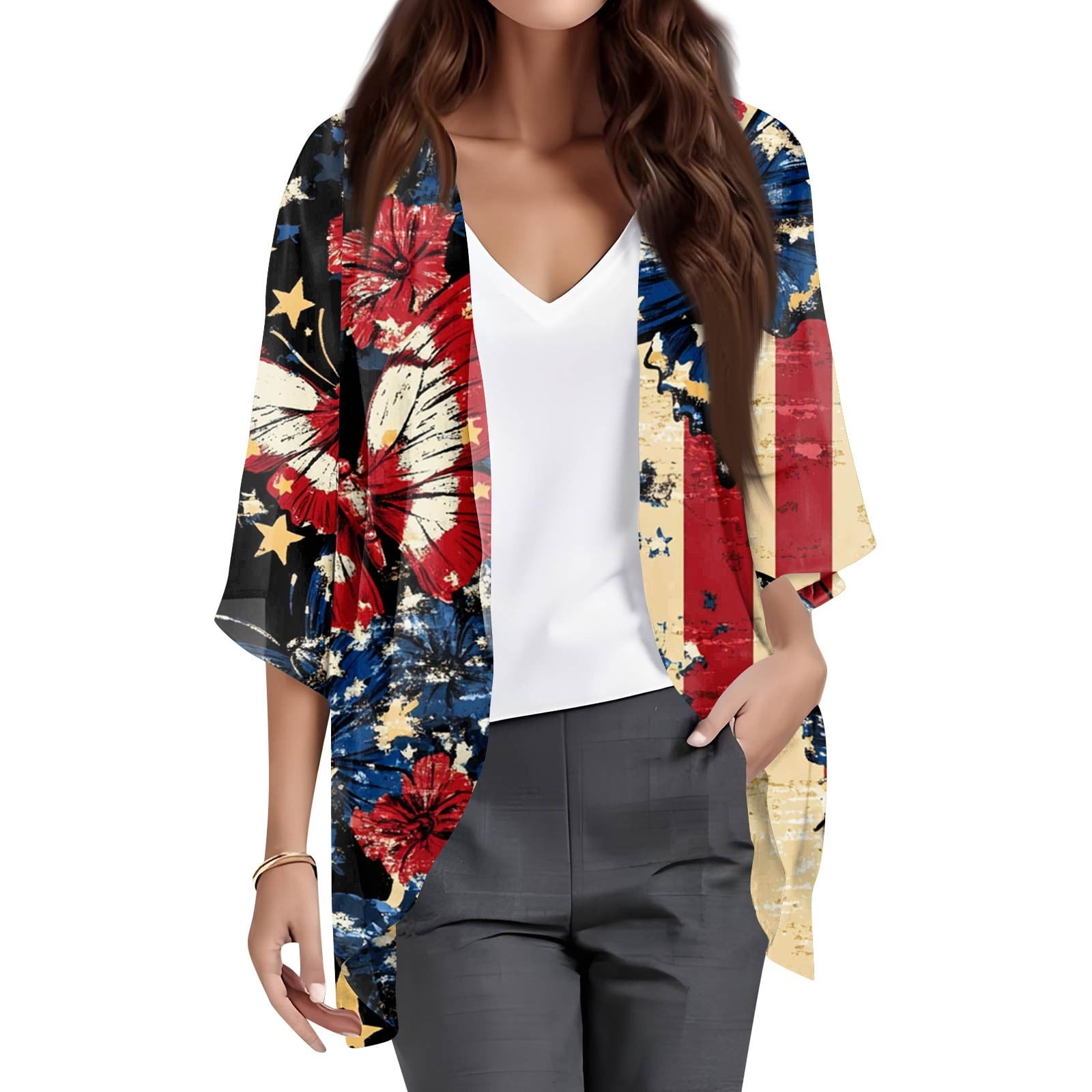 Mlqidk 4th Of July Tops for Women Trendy Fourth of July Batwing Sleeves ...