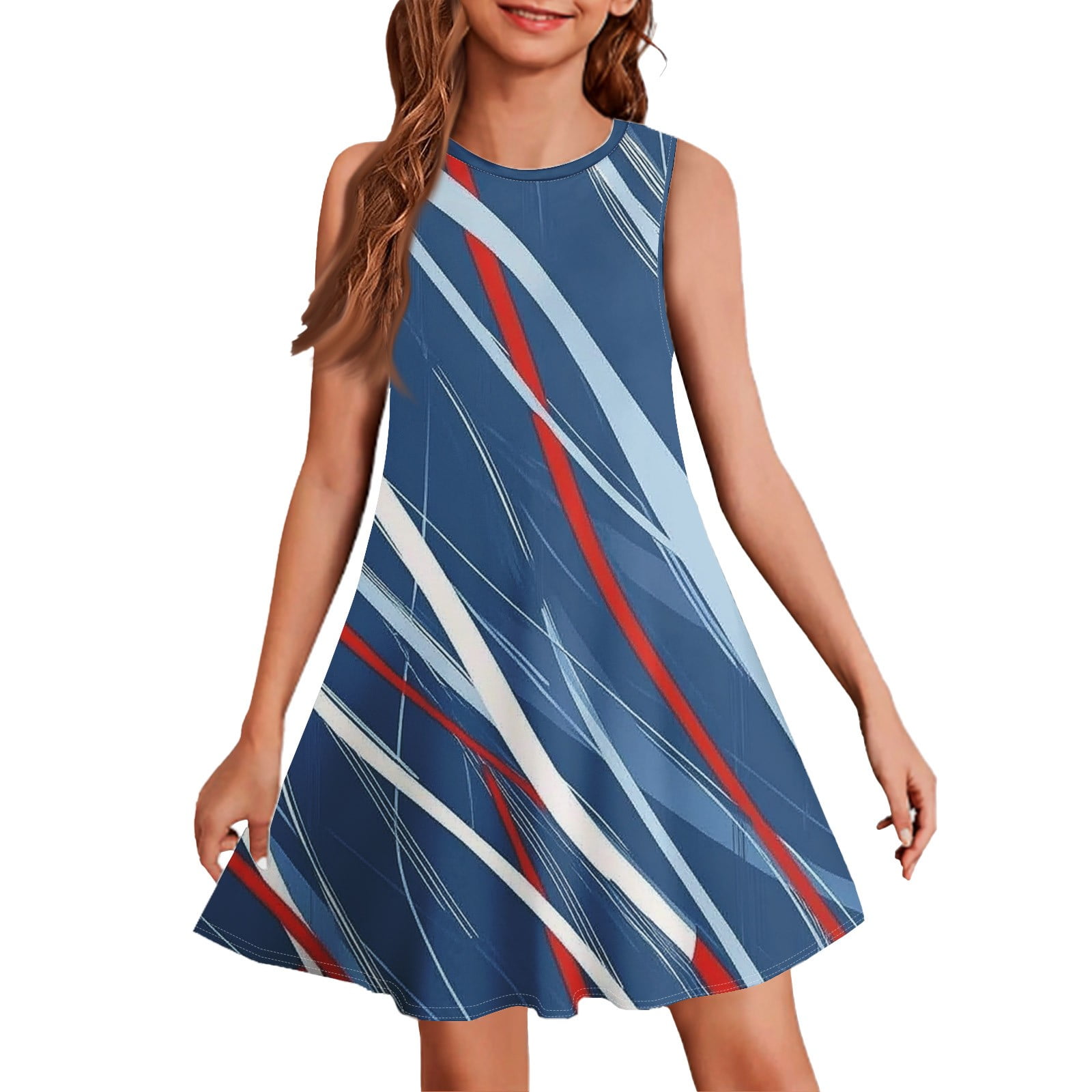 Mlqidk 4th Of July Girls Dress Red White and Blue Crew Neck Sleeveless ...