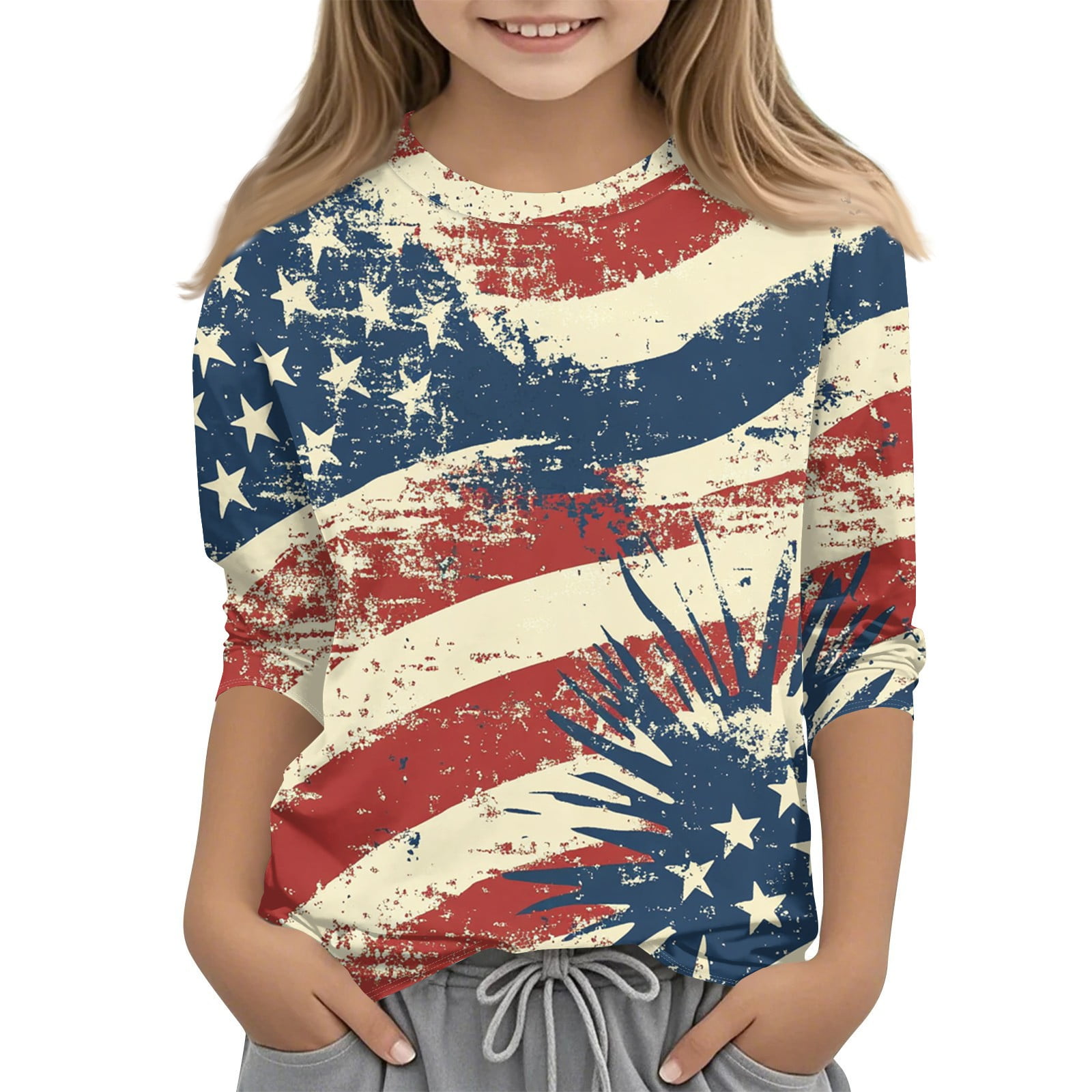 Mlqidk 4th Of July Shirts Girls 3/4 Sleeve American Flag T-Shirts Kids ...