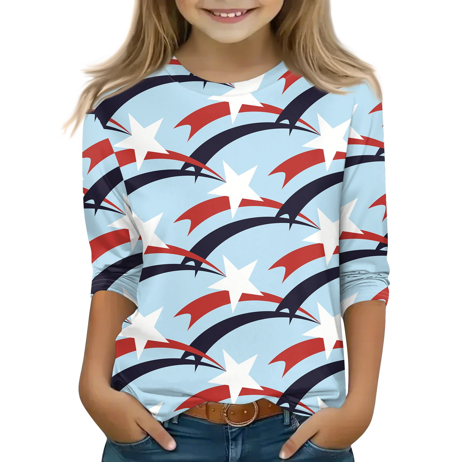 Mlqidk 4th Of July Shirts Girls American Flag 3/4 Sleeve Tees Patriotic ...