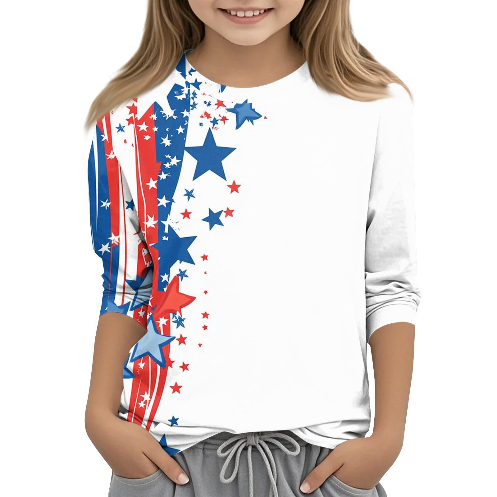 Mlqidk 4th Of July Shirts Girls American Flag 3/4 Sleeve Tops Kids ...