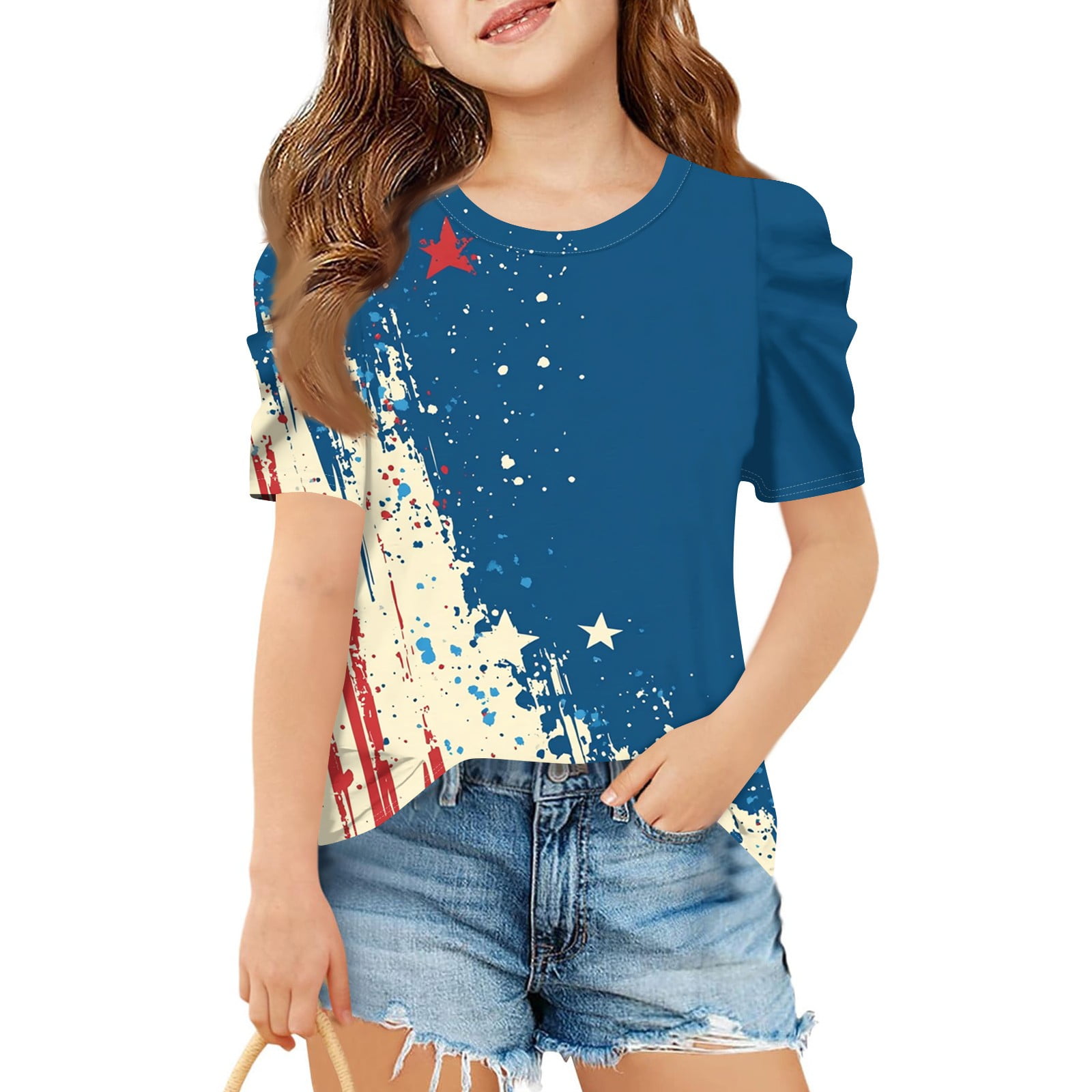 Mlqidk 4th Of July Shirts Girls American Flag Puff Sleeve Tees Kids Independence Day Stars and ...