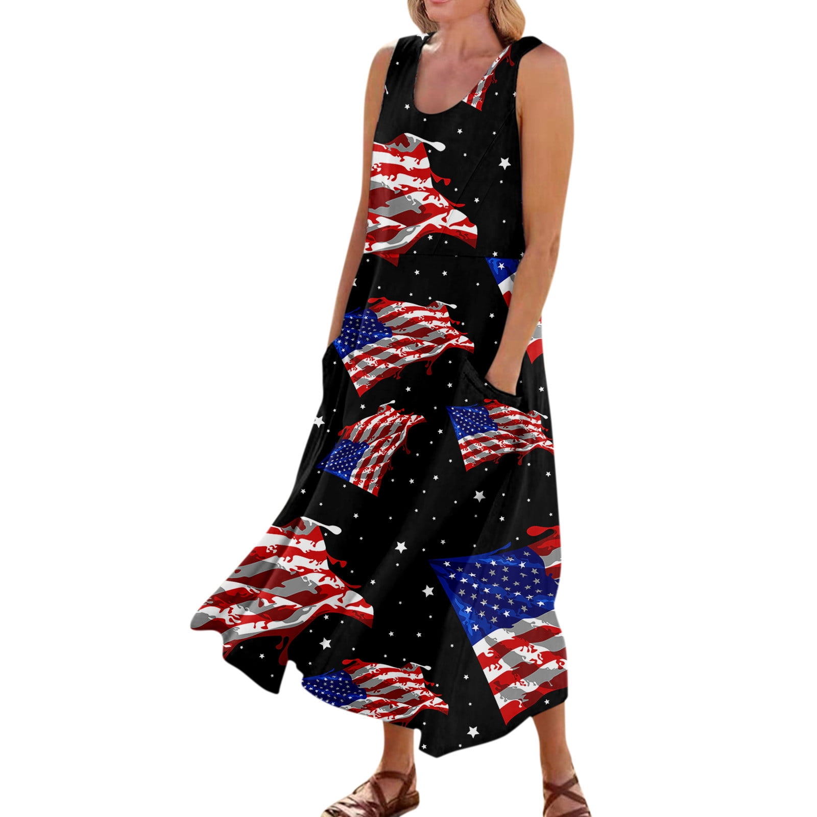 Mlqidk Ameraican Flag Dresses for Women 2025 Plus Size Sleeveless Tank ...
