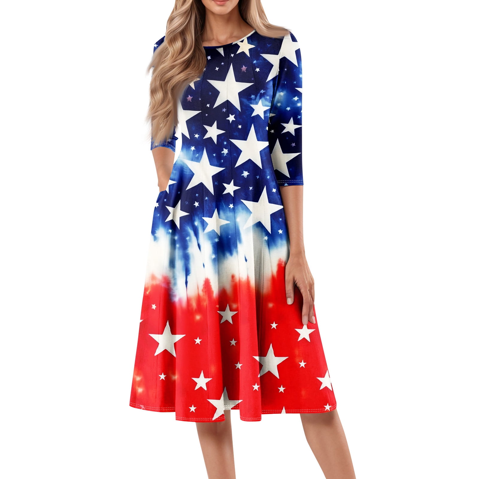 Mlqidk American Flag 3/4 Length Sleeve Sundress for Women Patriotic ...