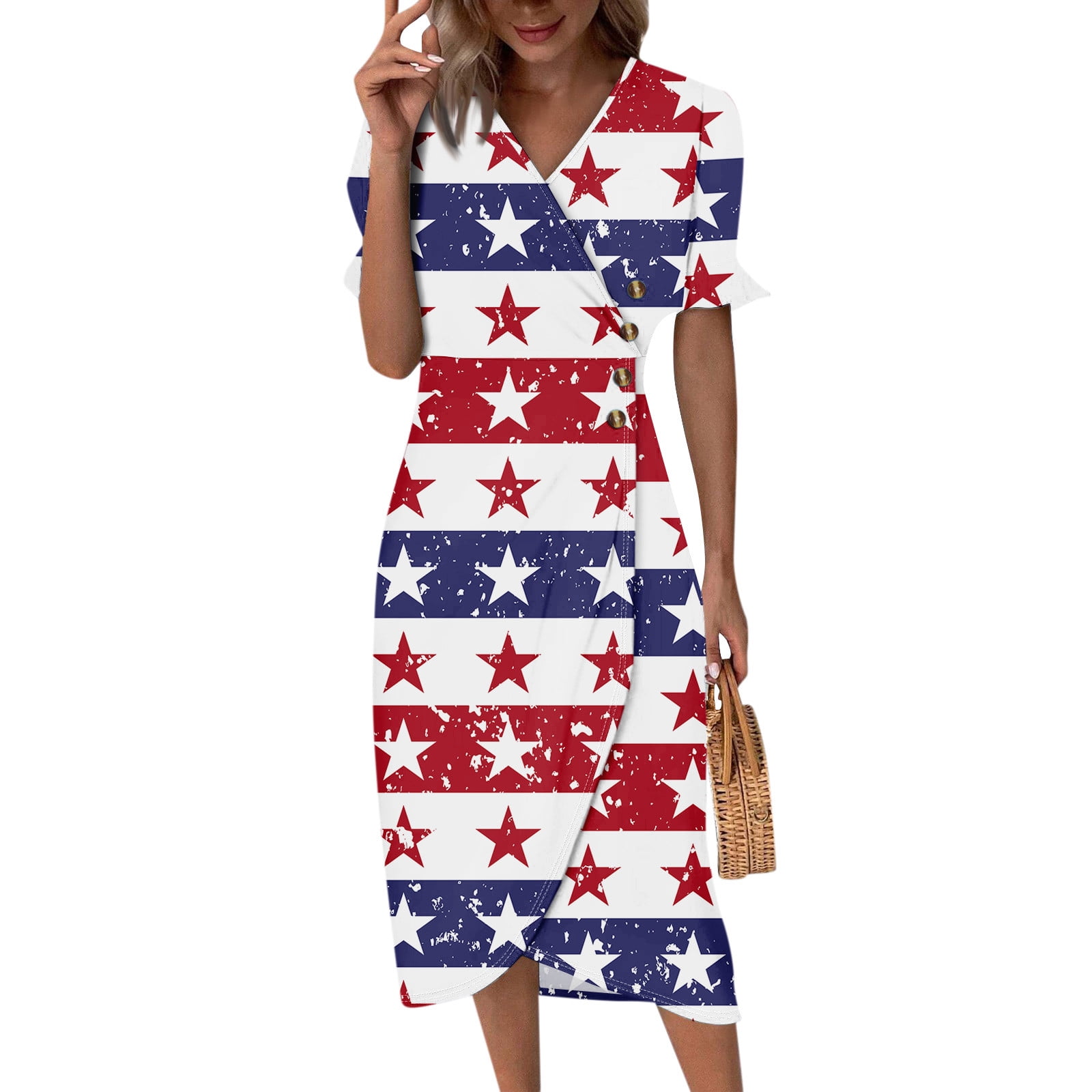 Mlqidk American Flag Dress for Women 2025 Patriotic Wedding Guest Dress ...