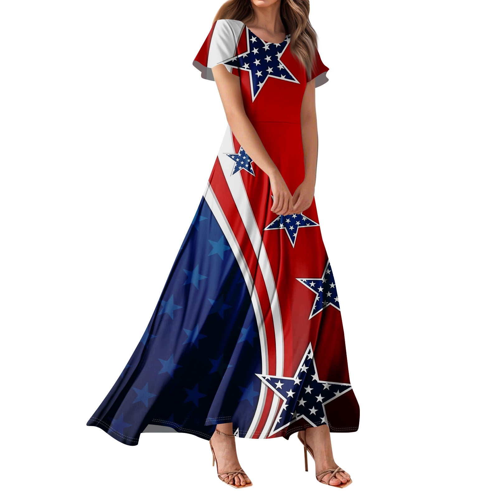 Mlqidk American Flag Dress for Women 2025 Vacation Boho Short Sleeve ...