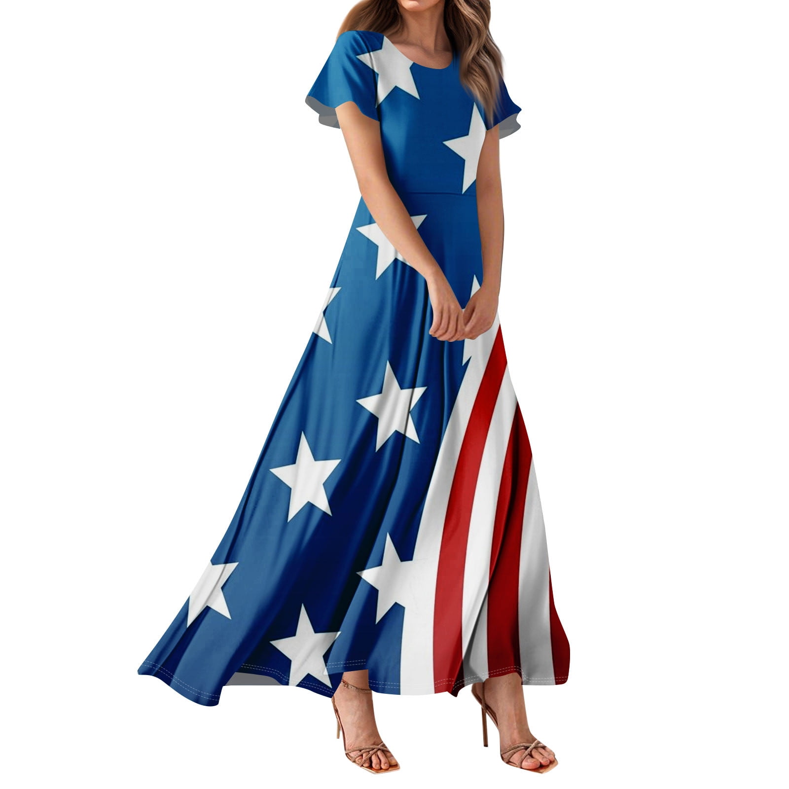 Mlqidk American Flag Dress for Women 2025 Vacation Boho Short Sleeve ...