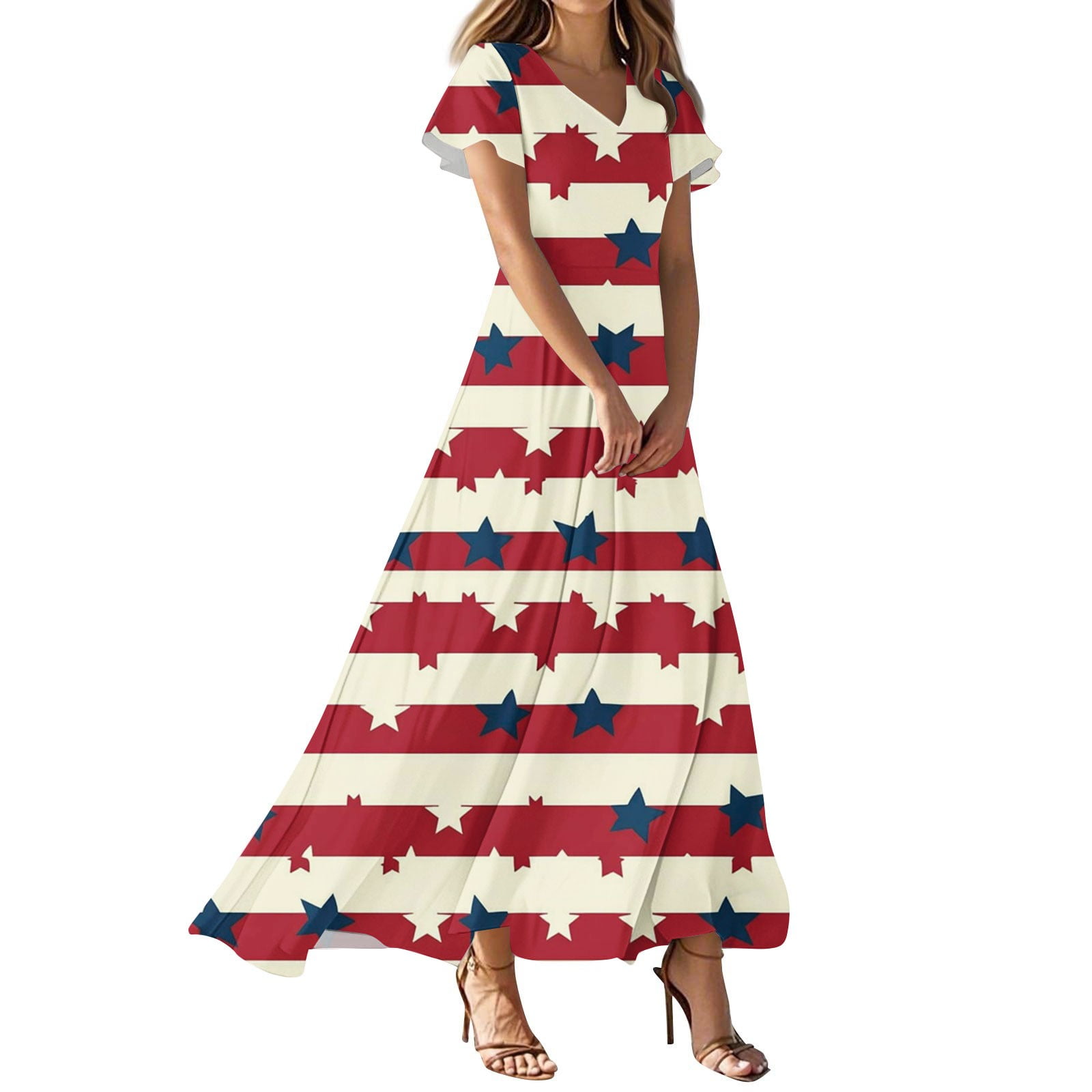 Mlqidk American Flag Dress for Women 2025 Vacation Boho Short Sleeve ...