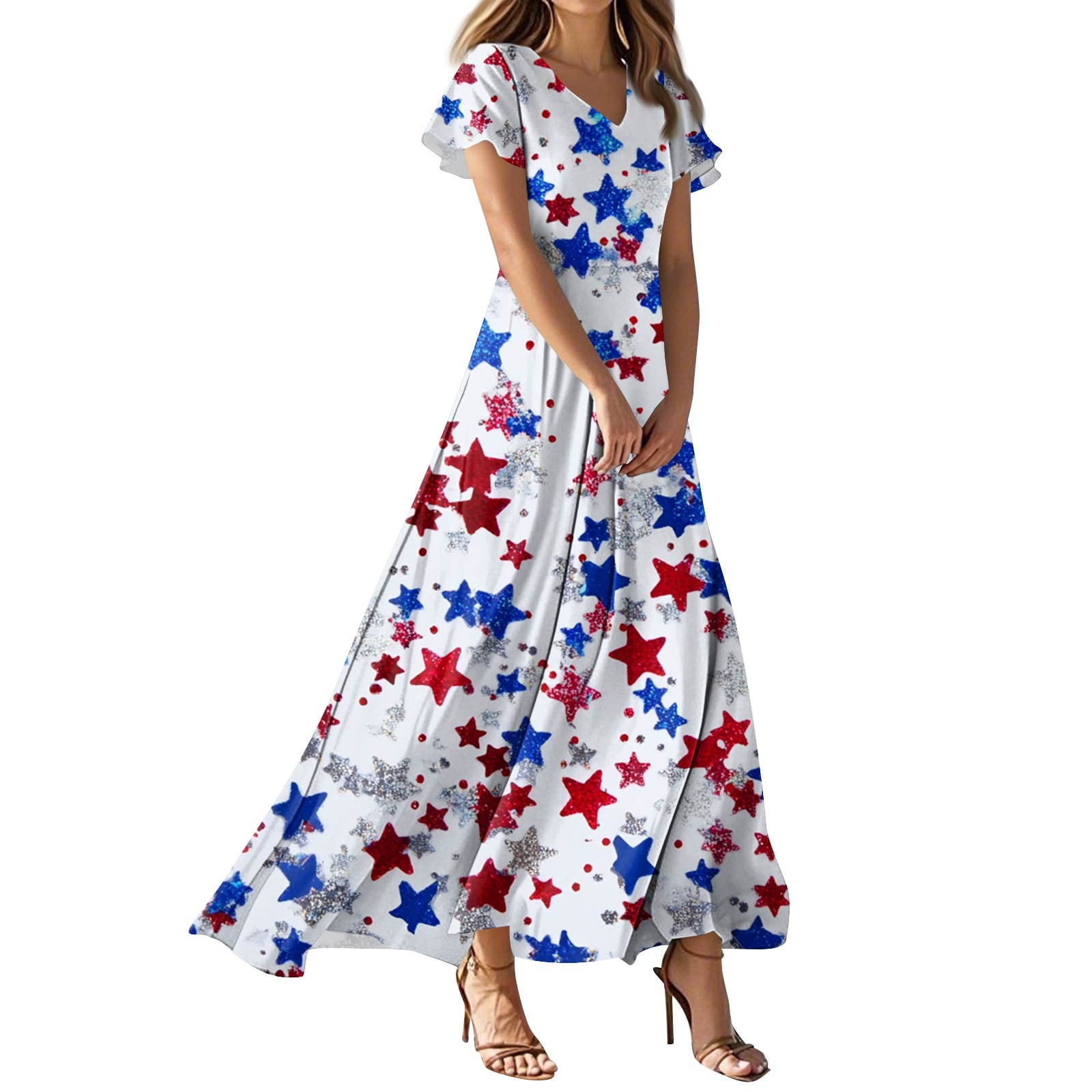 Mlqidk American Flag Dress for Women 2025 Vacation Casual Short Sleeve ...