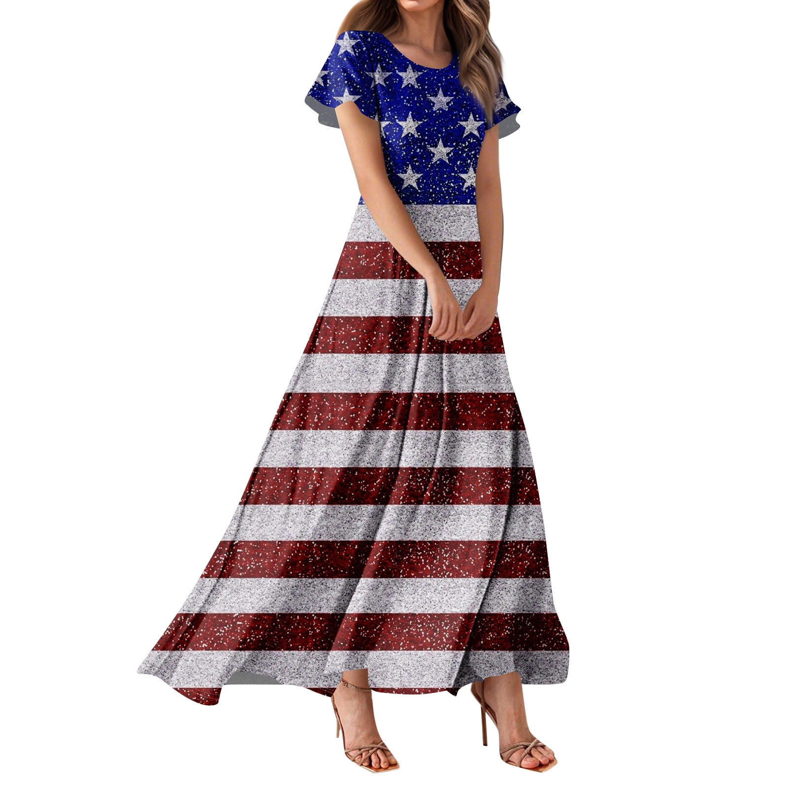 Mlqidk American Flag Dress for Women 2025 Vacation Casual Short Sleeve ...