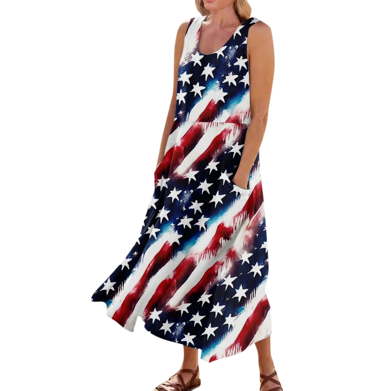 Mlqidk American Flag Dress for Women Plus Size Crew Neck Tank Dresses ...