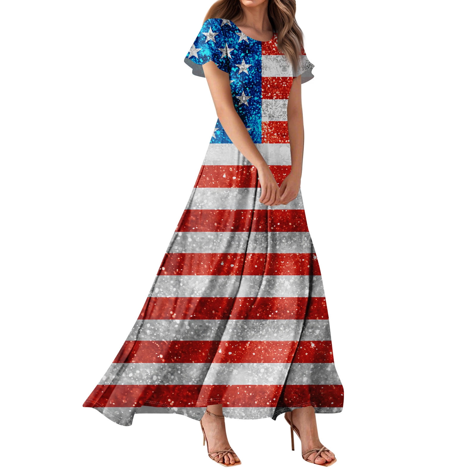 Mlqidk American Flag Dress for Women 2025 Vacation Boho Short Sleeve ...