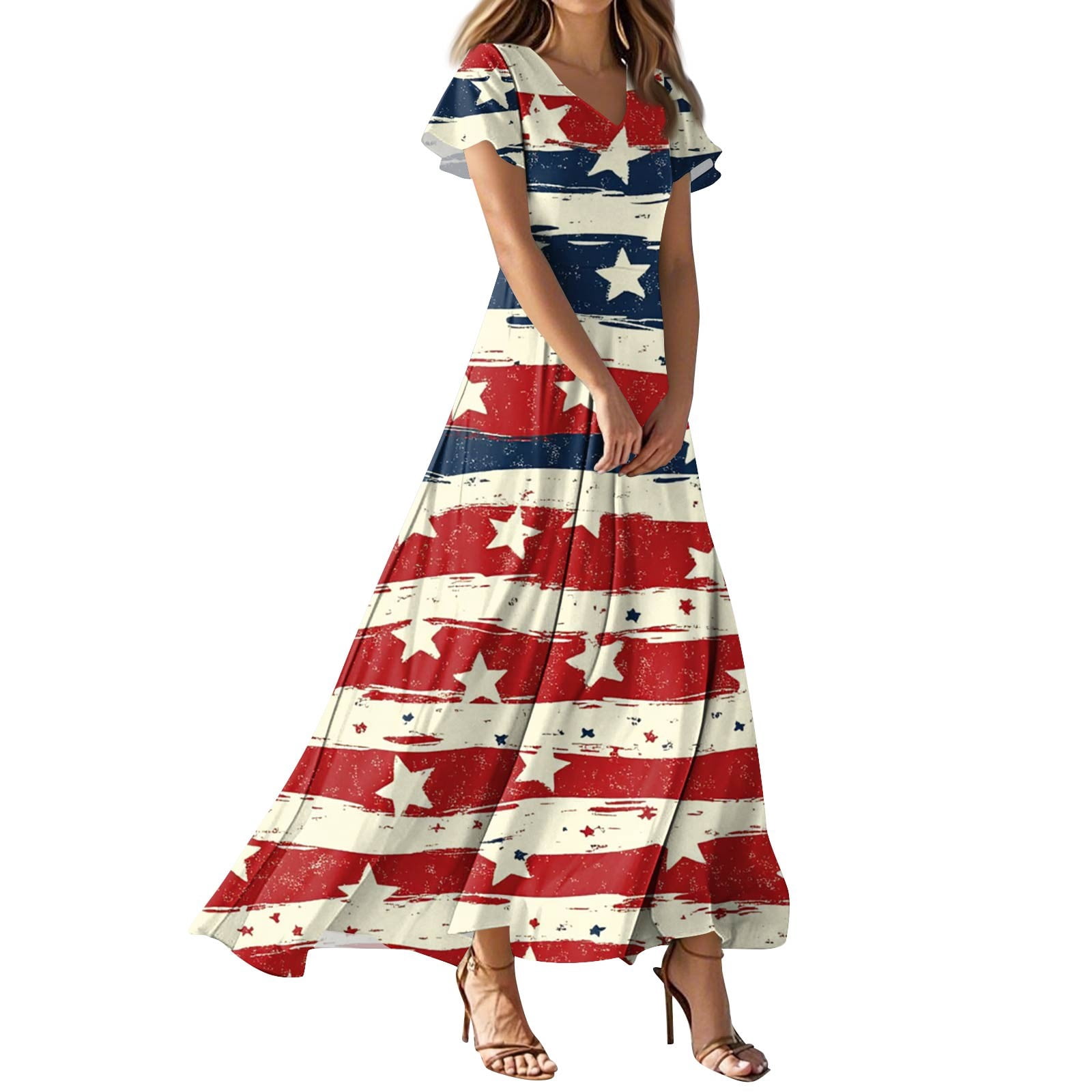 Mlqidk American Flag Dress for Women Boho Short Sleeve Maxi Dresses ...