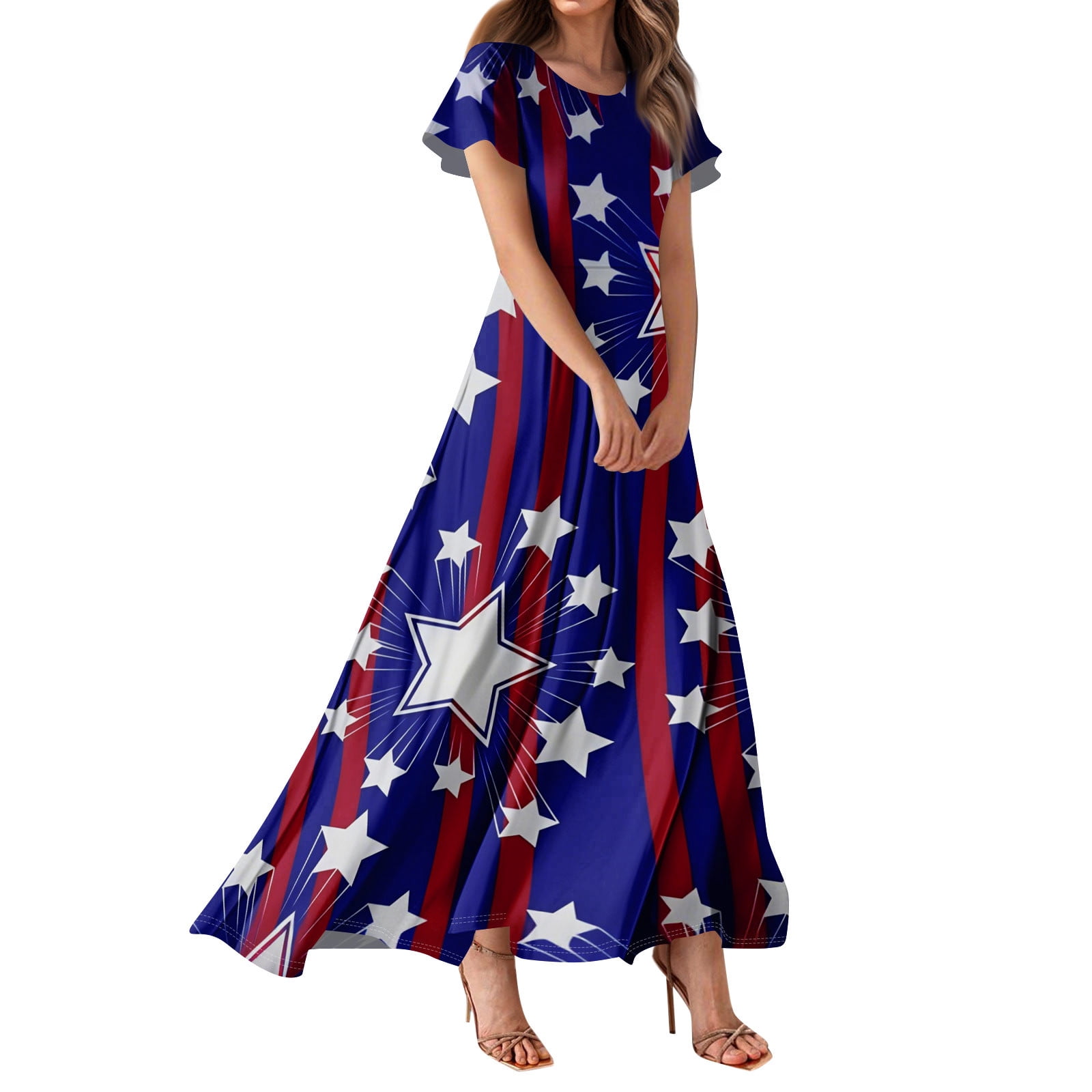 Mlqidk American Flag Dress for Women Casual Short Sleeve Long Dresses ...