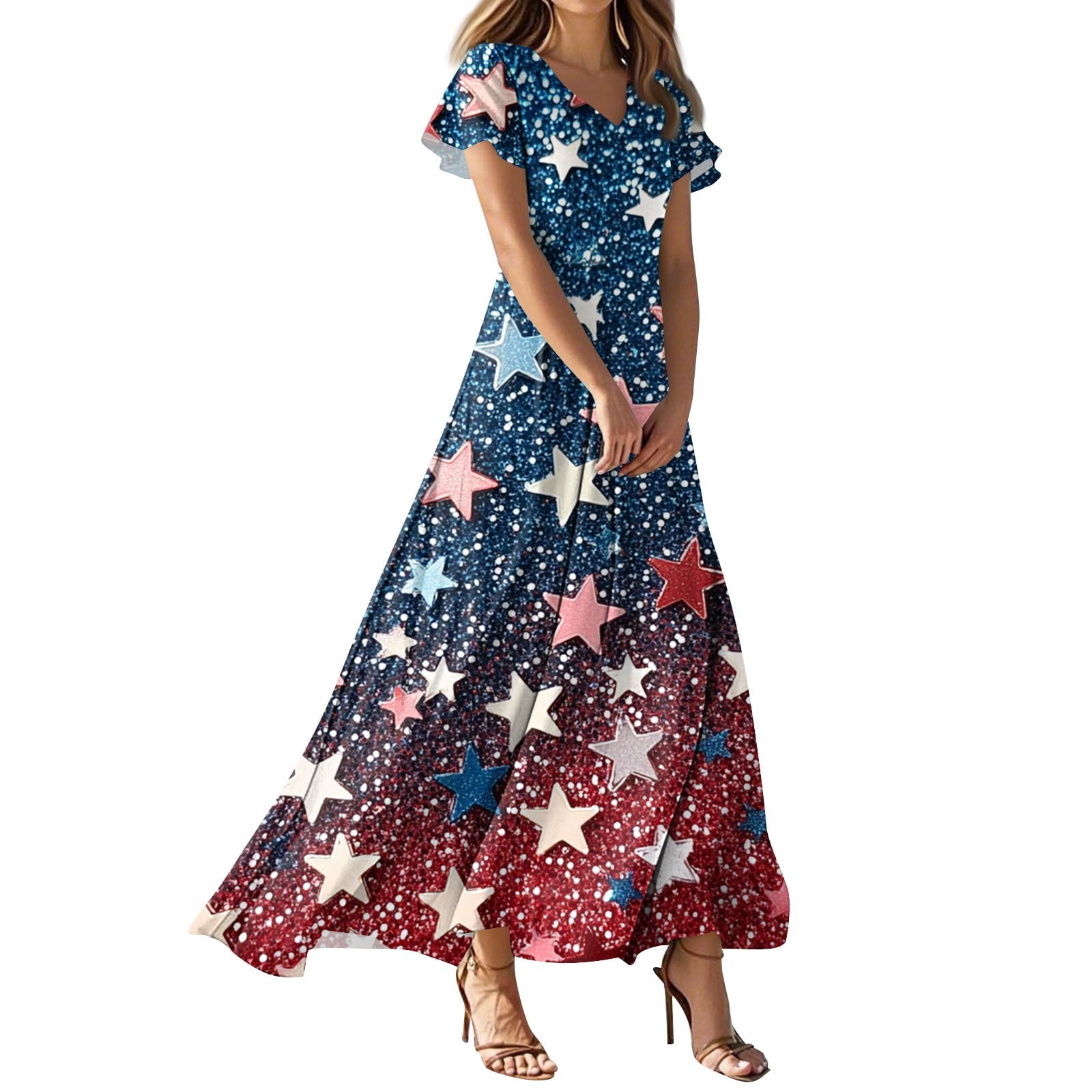 Mlqidk American Flag Dress for Women Casual Short Sleeve Long Dresses ...