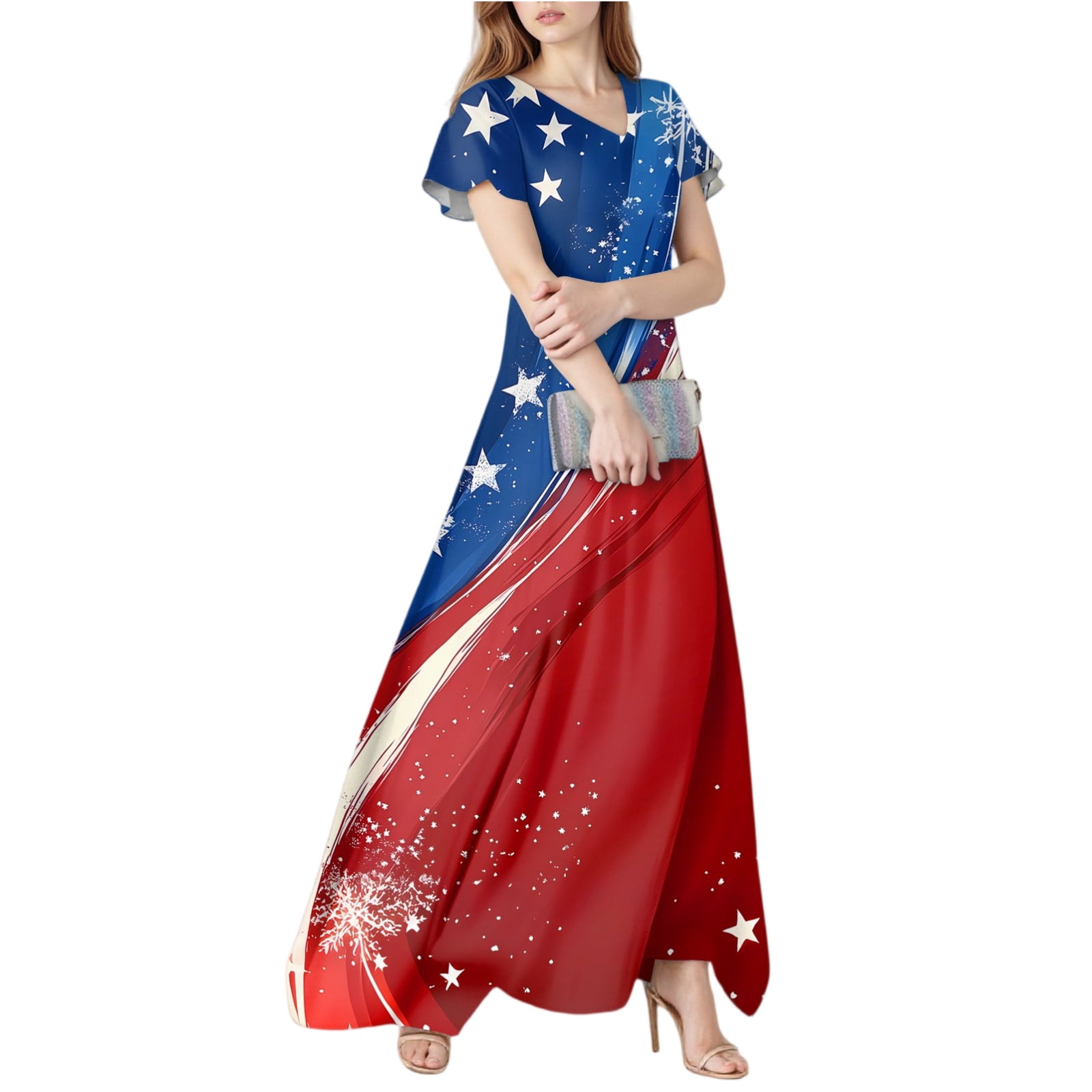 Mlqidk American Flag Dress for Women Casual Short Sleeve Long Dresses ...
