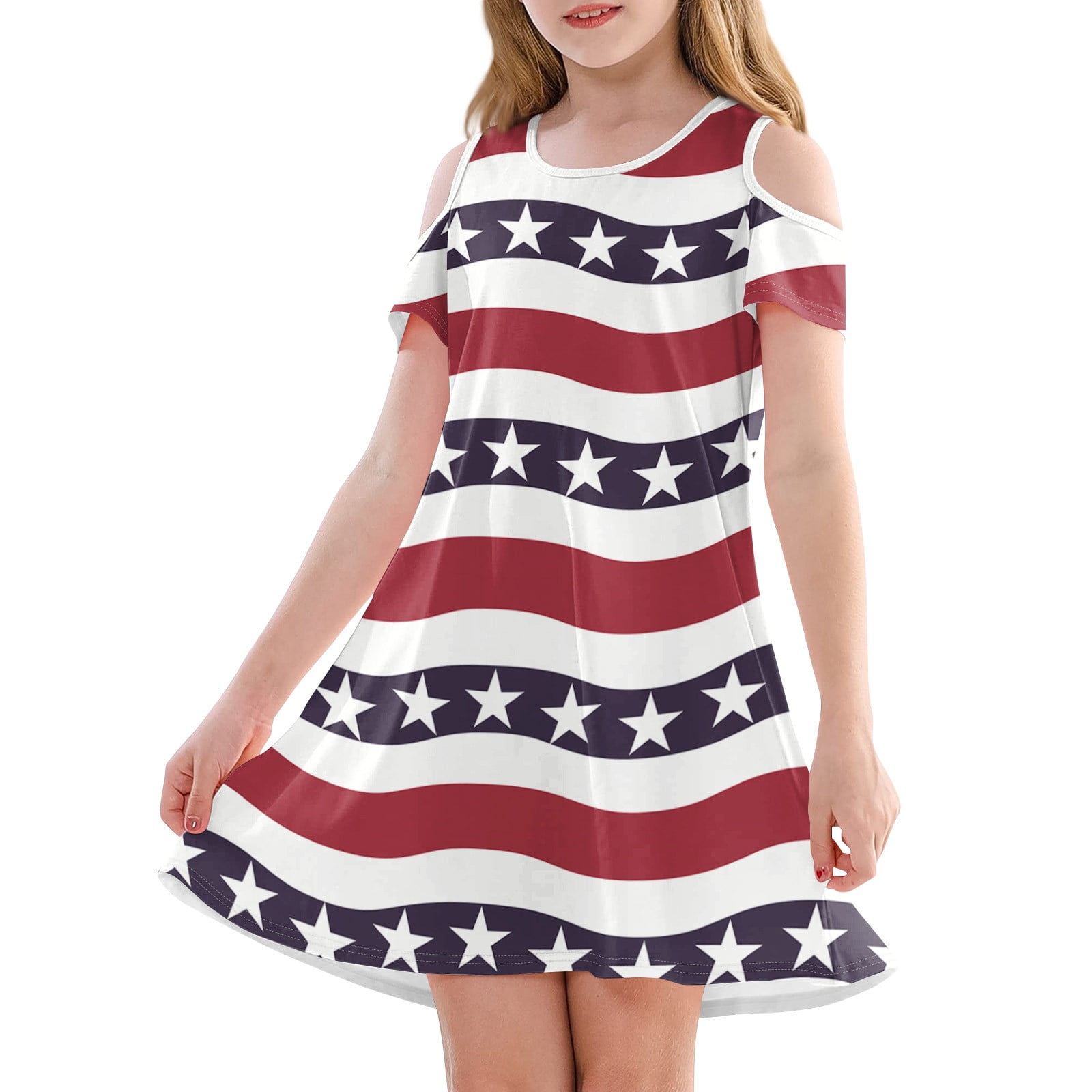 Mlqidk American Flag Dresses Girl Casual Short Sleeve Independence Day ...