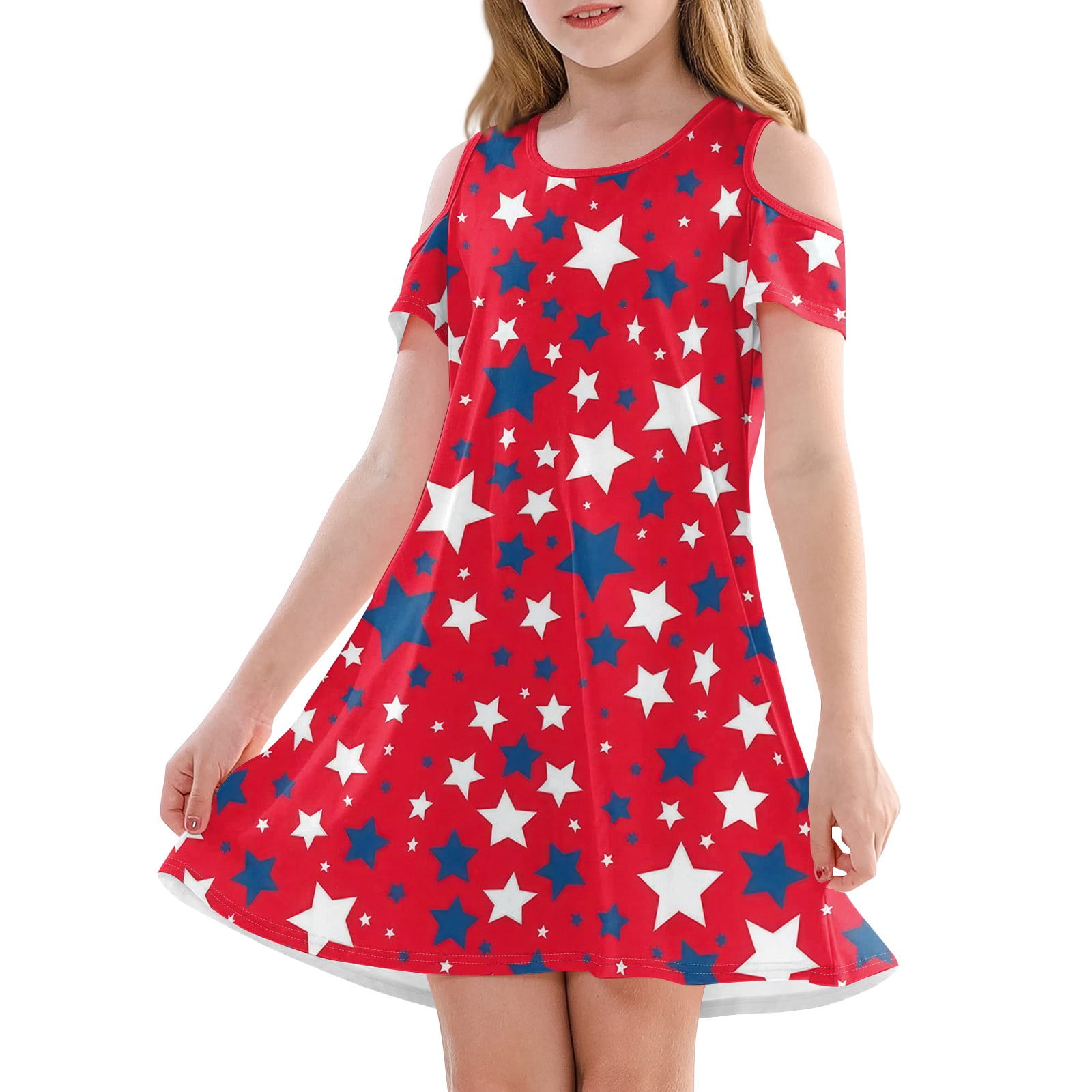 Mlqidk American Flag Dresses Girl Cute Short Sleeve 4th Of July Midi ...