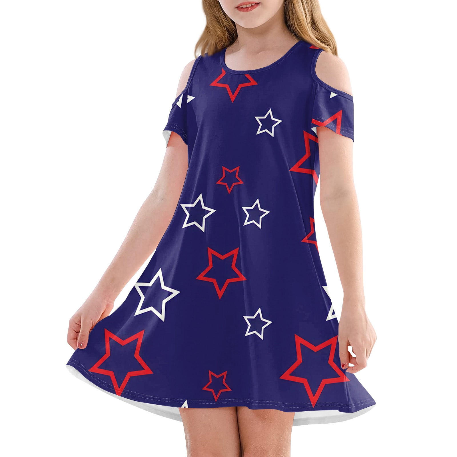 Mlqidk American Flag Dresses Girl Short Sleeve Crew Neck a Line Dress ...