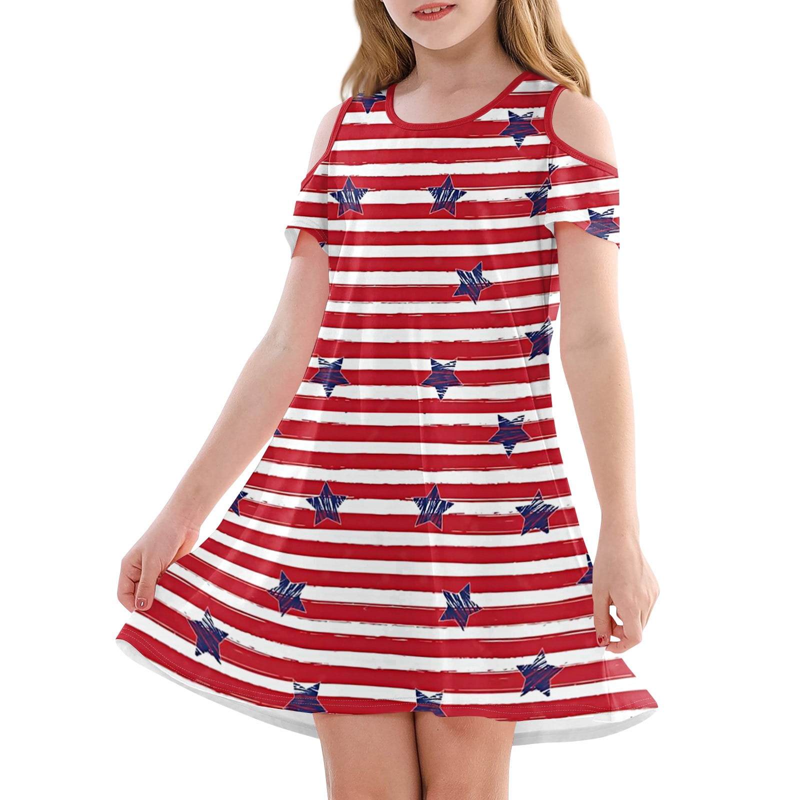 Mlqidk American Flag Dresses Girl Short Sleeve Crew Neck a Line Midi ...