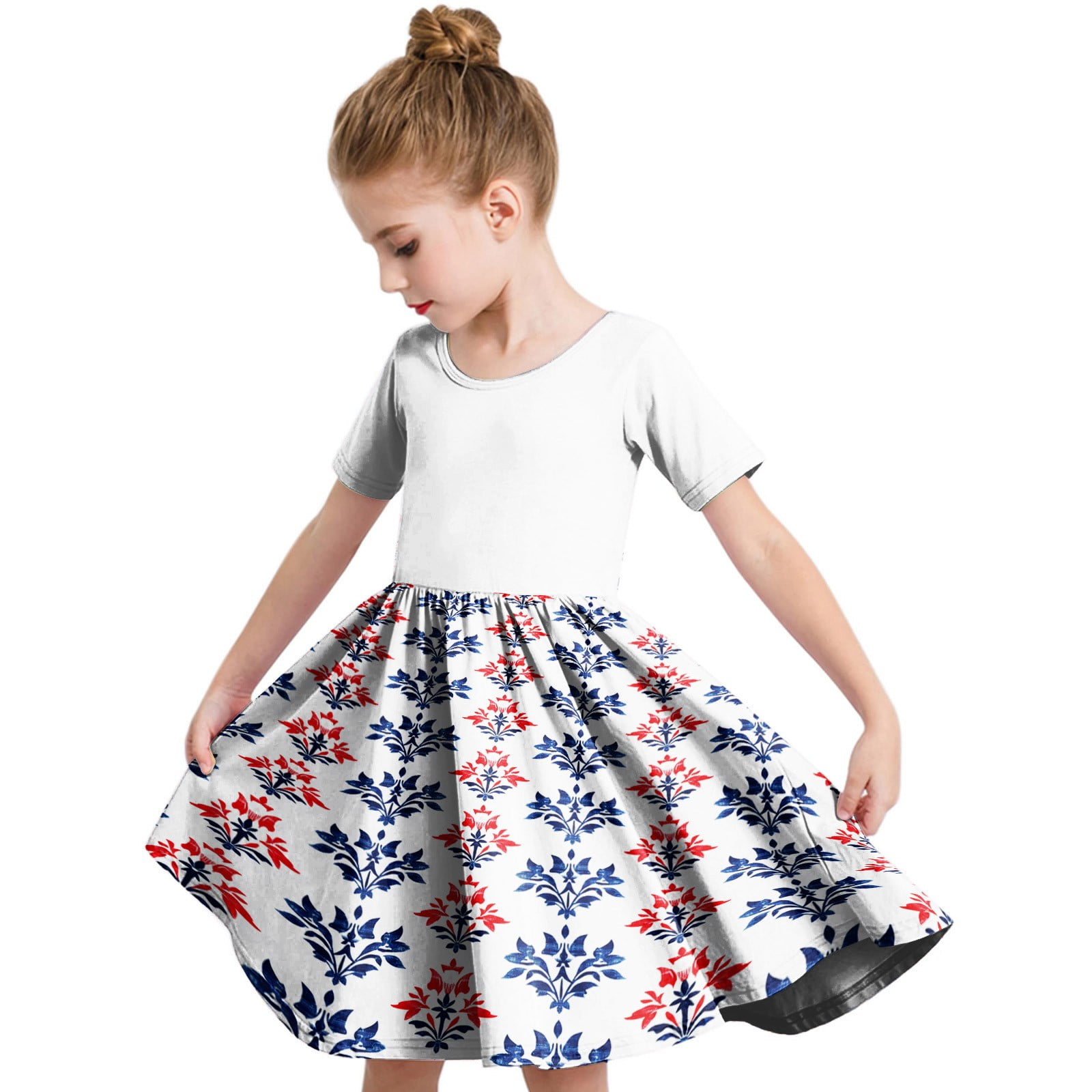 Mlqidk American Flag Dresses Girl Short Sleeve Crew Neck a Line T-shirt ...
