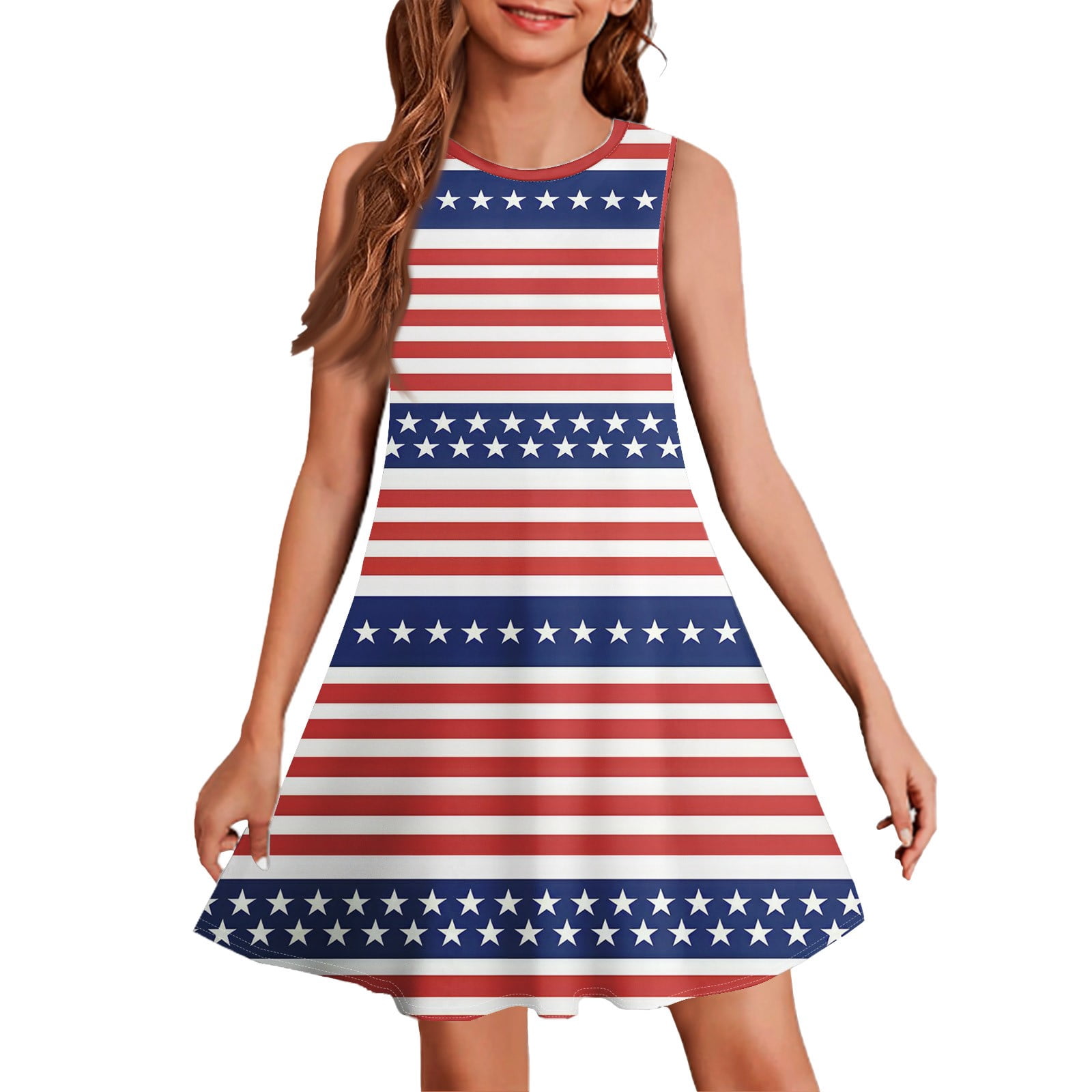 Mlqidk American Flag Dresses Girl Sleeveless Crew Neck a Line Midi ...