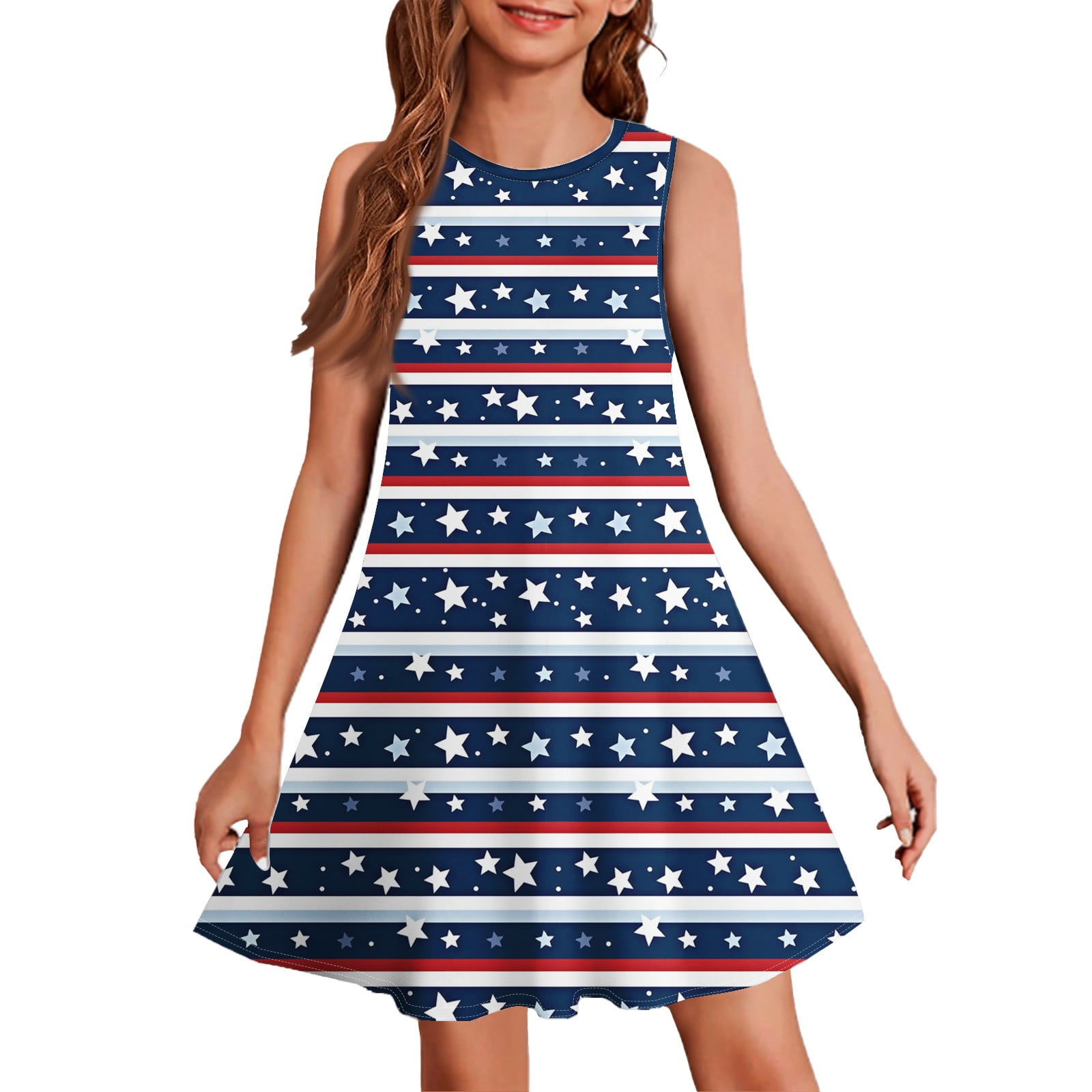 Mlqidk American Flag Dresses Girl Sleeveless Crew Neck a Line Tank ...