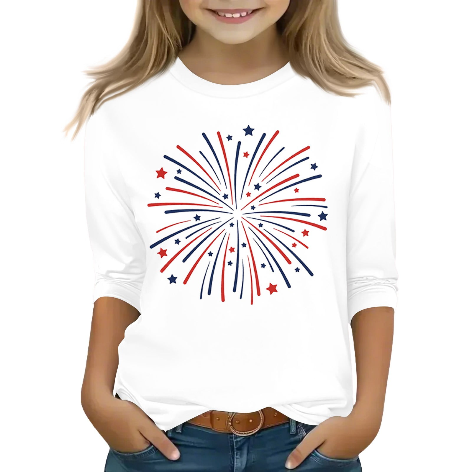 Mlqidk American Flag Shirt Girls 3/4 Sleeve 4th Of July T-Shirt Kids ...