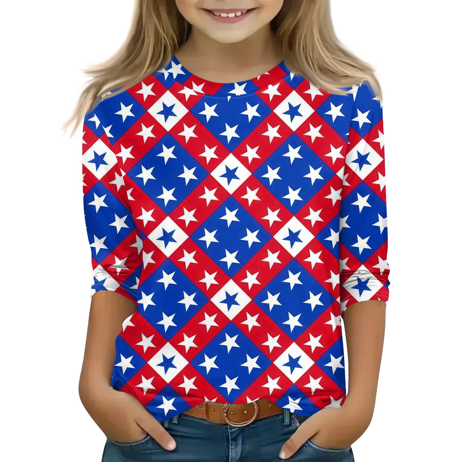 Mlqidk American Flag Shirt Girls 4th Of July 3/4 Sleeve Tops Kids ...