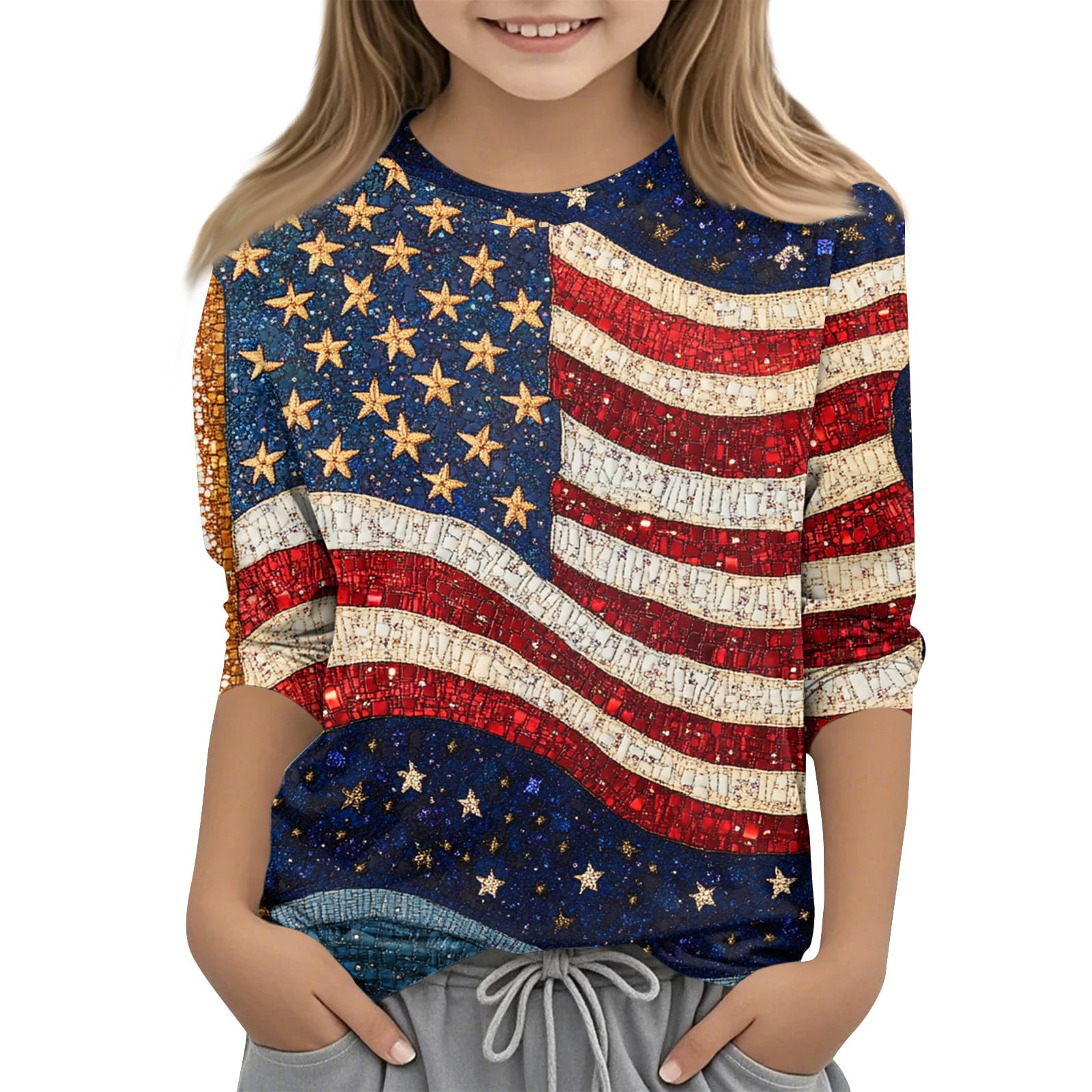 Mlqidk American Flag Shirt Girls 4th Of July 3/4 Sleeve Tops Patriotic ...