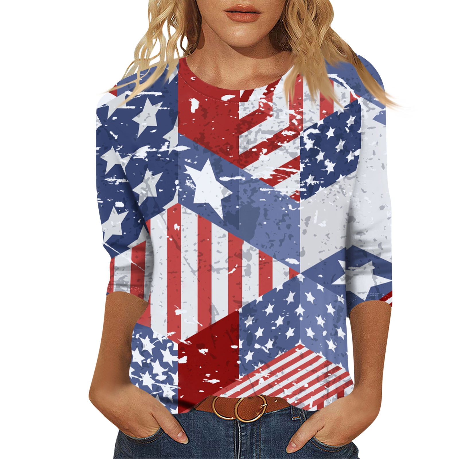 Mlqidk American Flag Shirts for Women 2025 Patriotic 3/4 Sleeve Top 4th ...