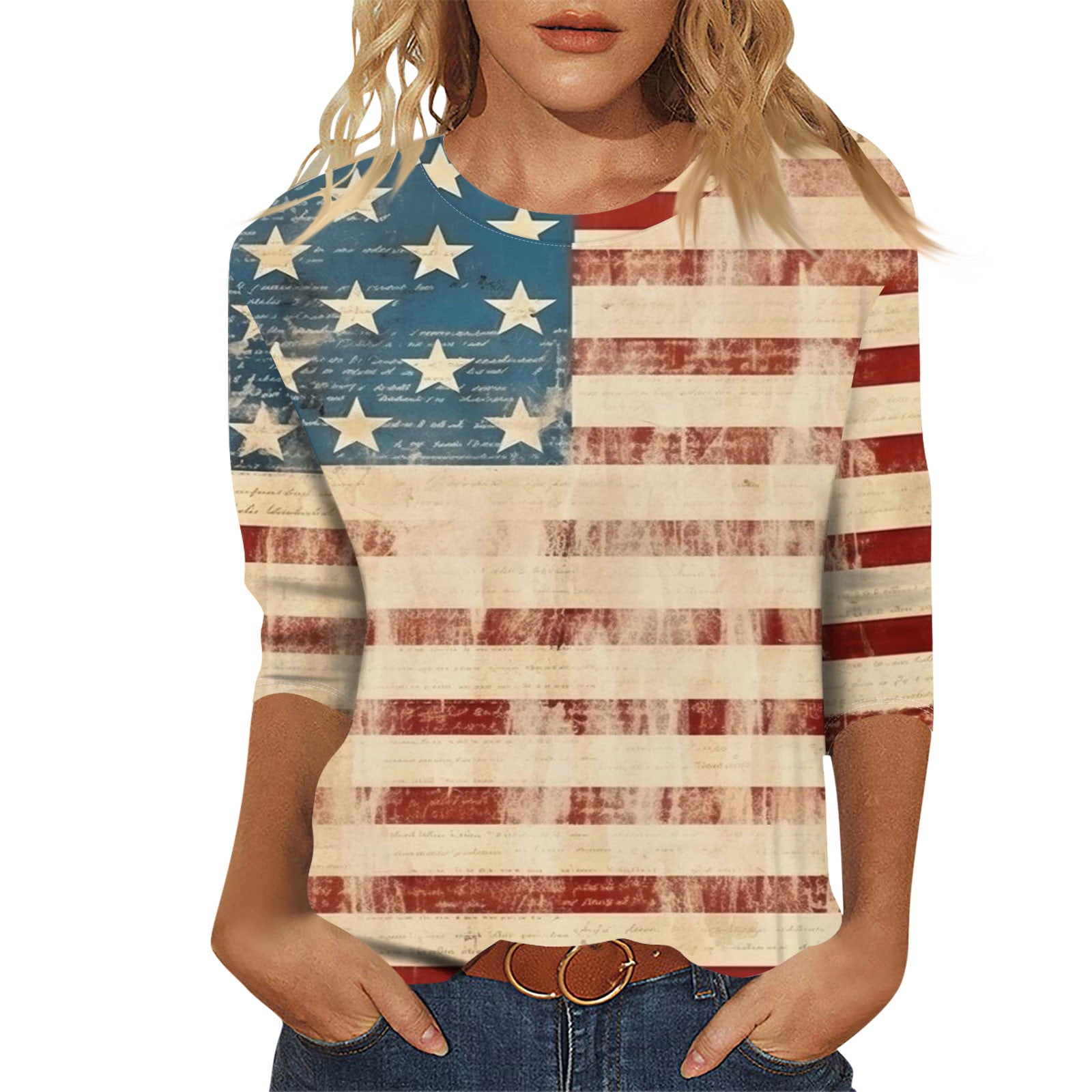 Mlqidk American Flag Shirts for Women 2025 Patriotic 3/4 Sleeve Tops ...