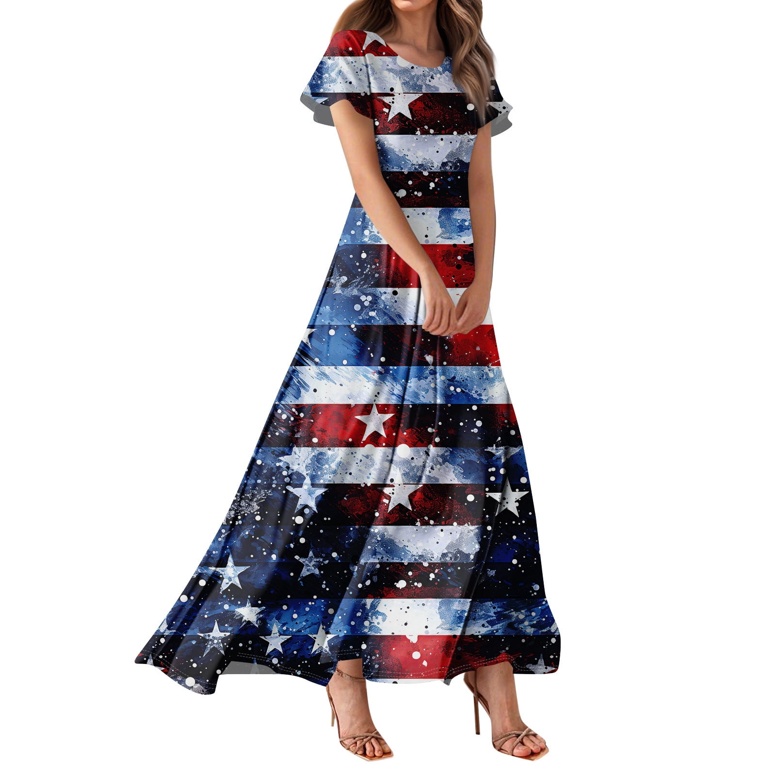 Mlqidk American Flag Sundress for Women Boho Short Sleeve Maxi Dresses ...