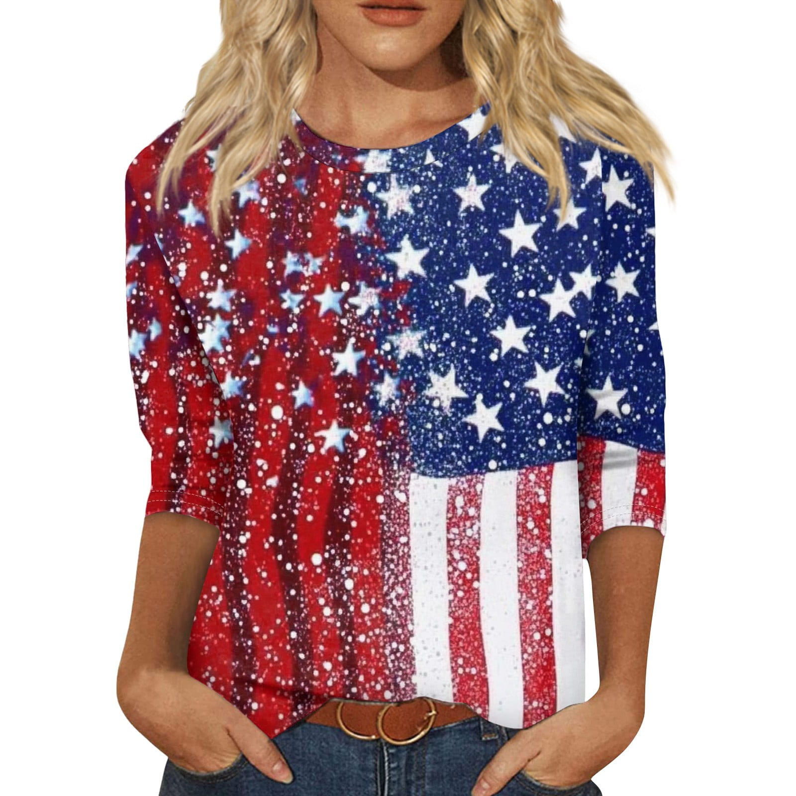 Mlqidk American Flag Tops for Women 2025 Patriotic 3/4 Sleeve Top 4th ...