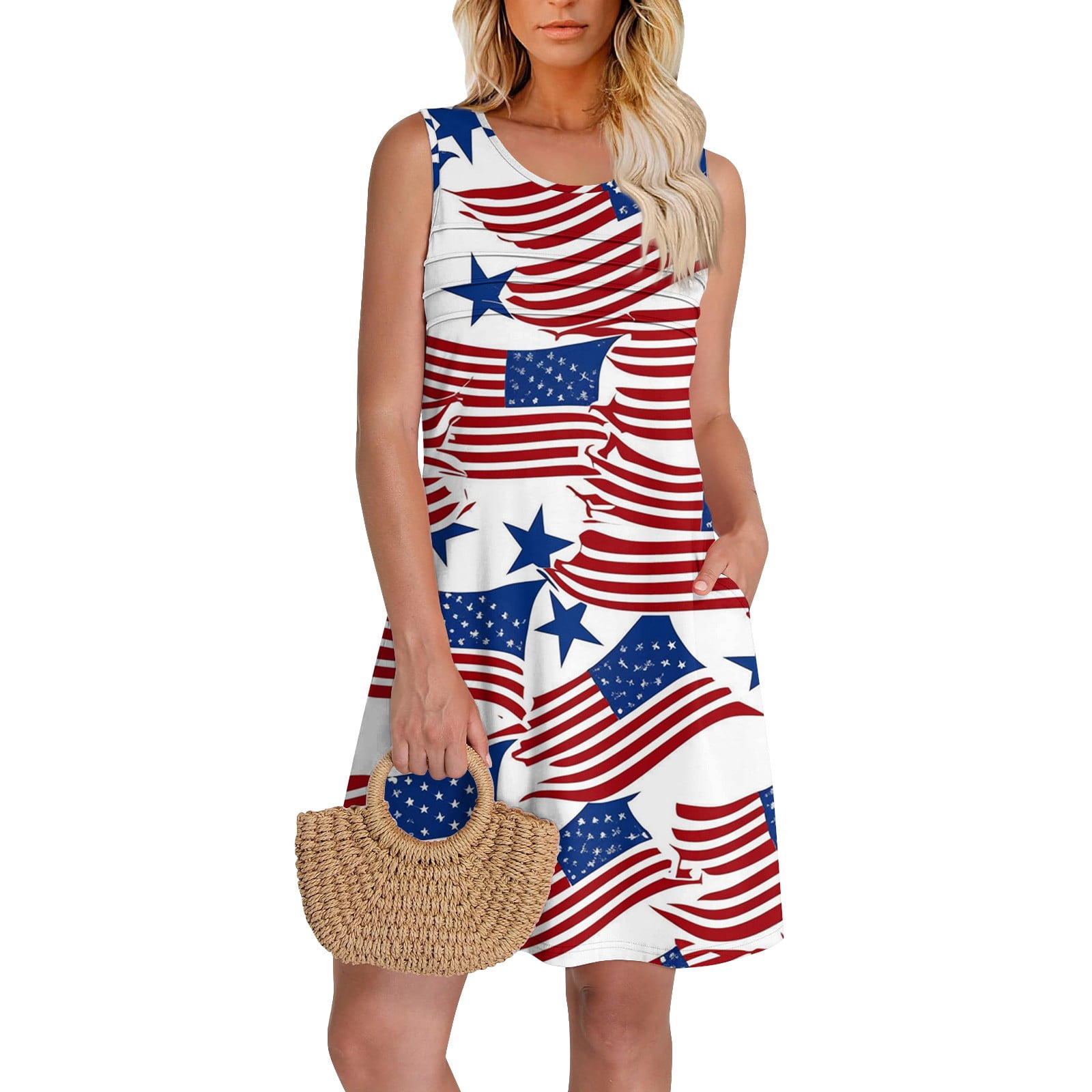 Mlqidk American Flag Wedding Guest Dress Casual Patriotic Beach Dresses ...