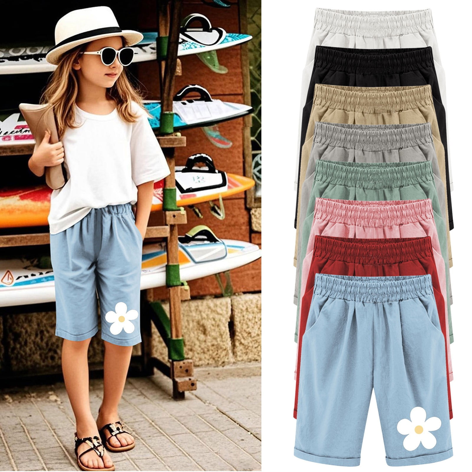 Mlqidk Bike Shorts for Girls Size 10-12 Summer Beach Elastic Linen Shorts Girls Casual Floral ...
