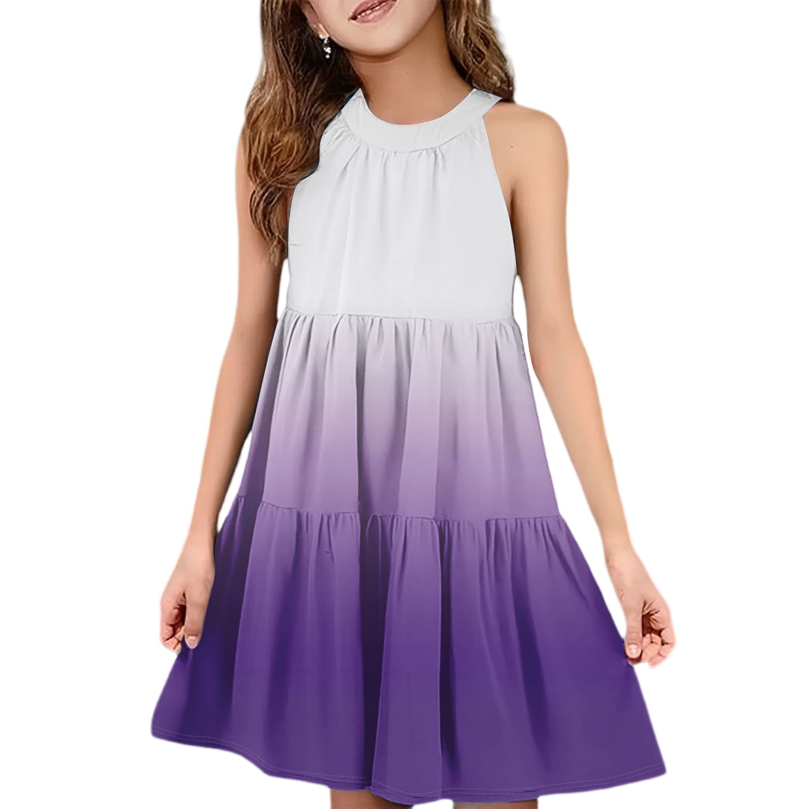 Mlqidk Bubble Dress for Girls Size 10-12 Crew Neck Sleeveless Ruffle ...