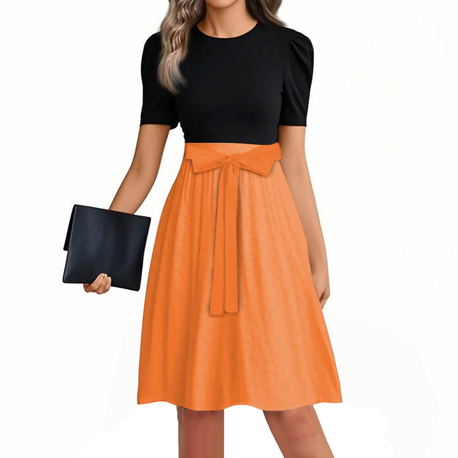 Mlqidk Business Dresses for Women Puff Sleeve Solid Print Work Midi ...