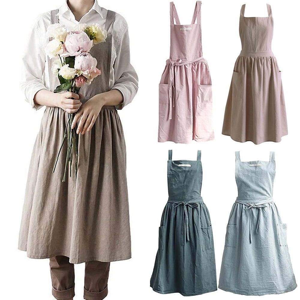 Mlqidk Cotton and linen Kitchen Cooking Aprons Dress for Women with ...