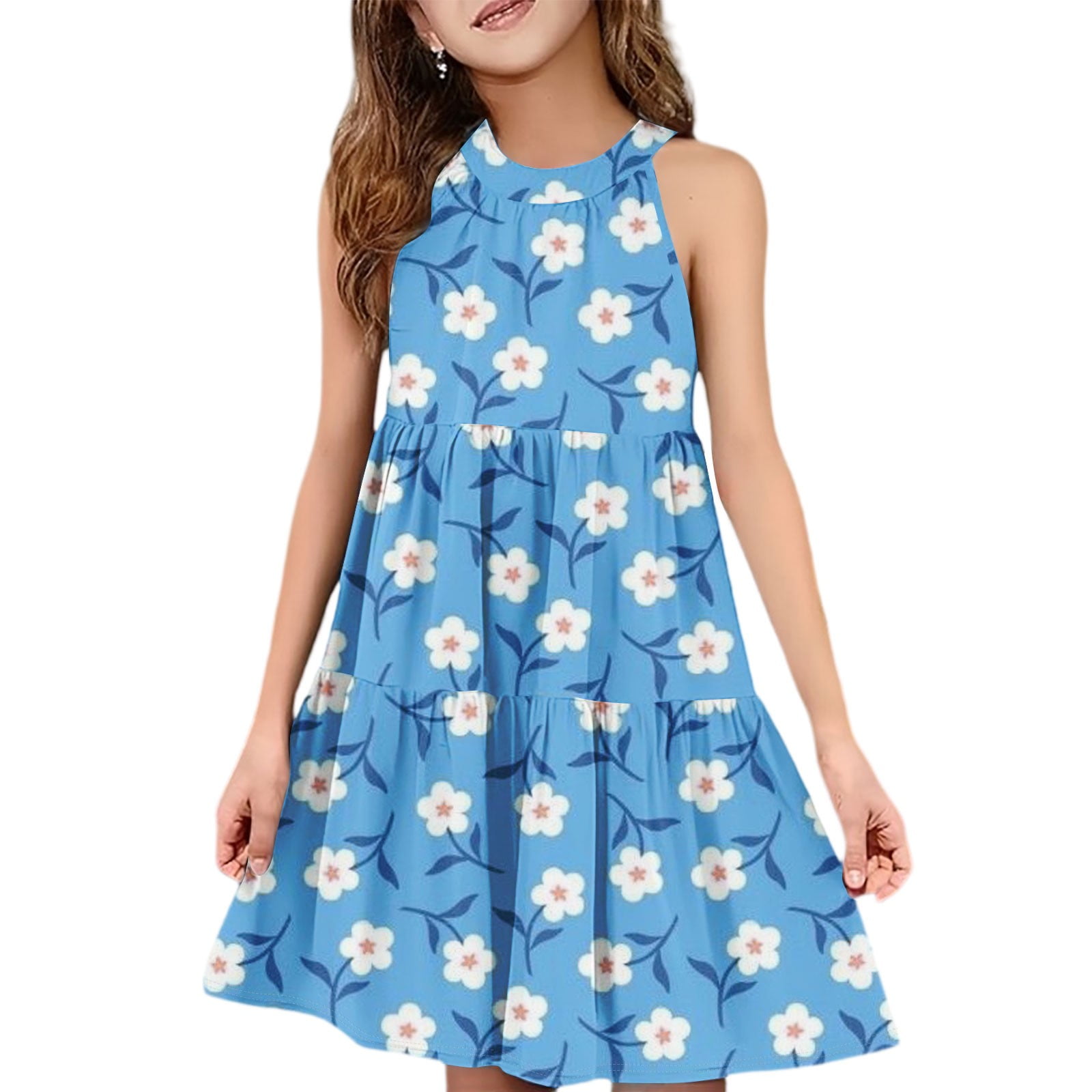 Mlqidk Cute Dresses for Girls Size 10-12 Crew Neck Sleeveless Ruffle ...