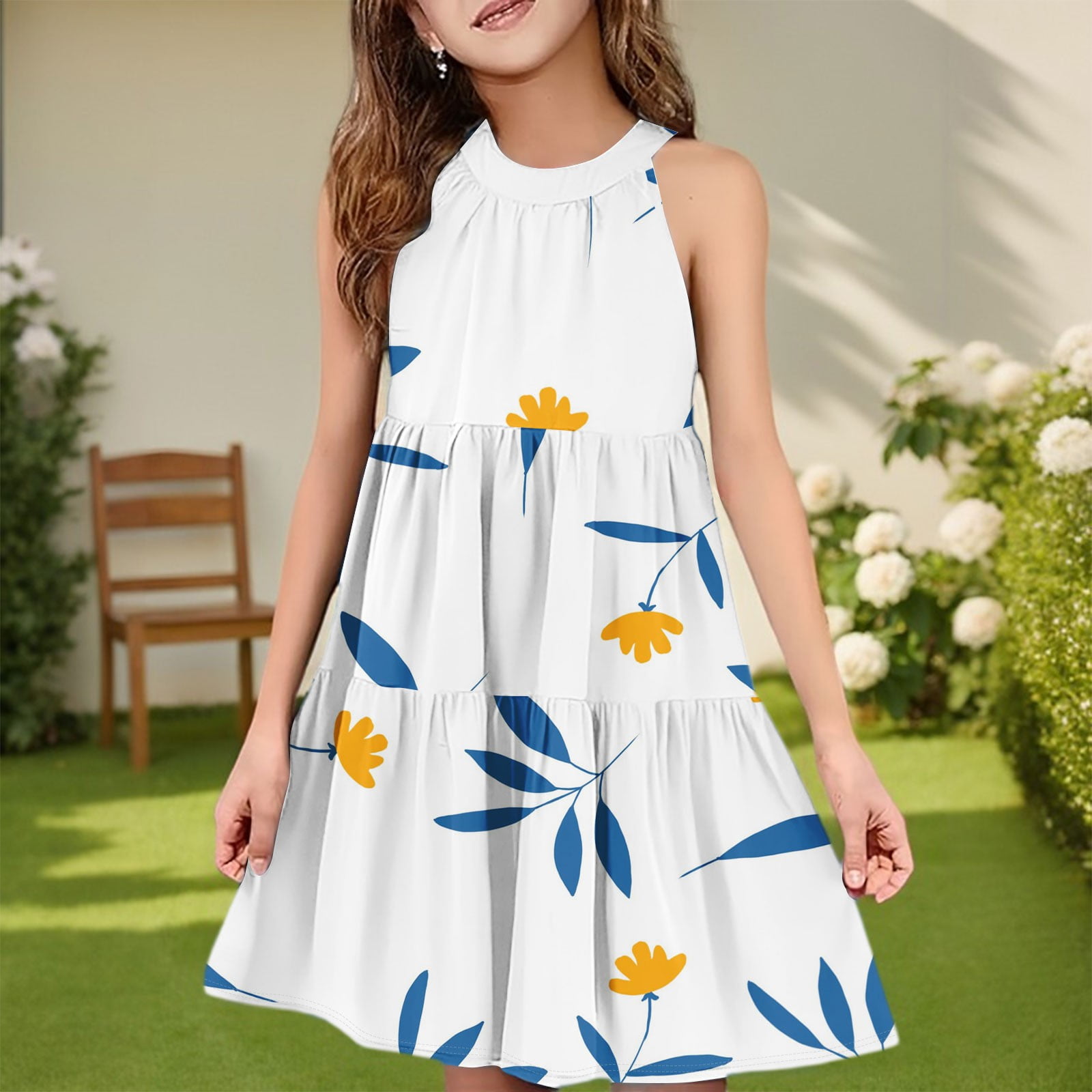 Mlqidk Cute Dresses for Girls Size 10-12 Crew Neck Sleeveless Ruffle ...